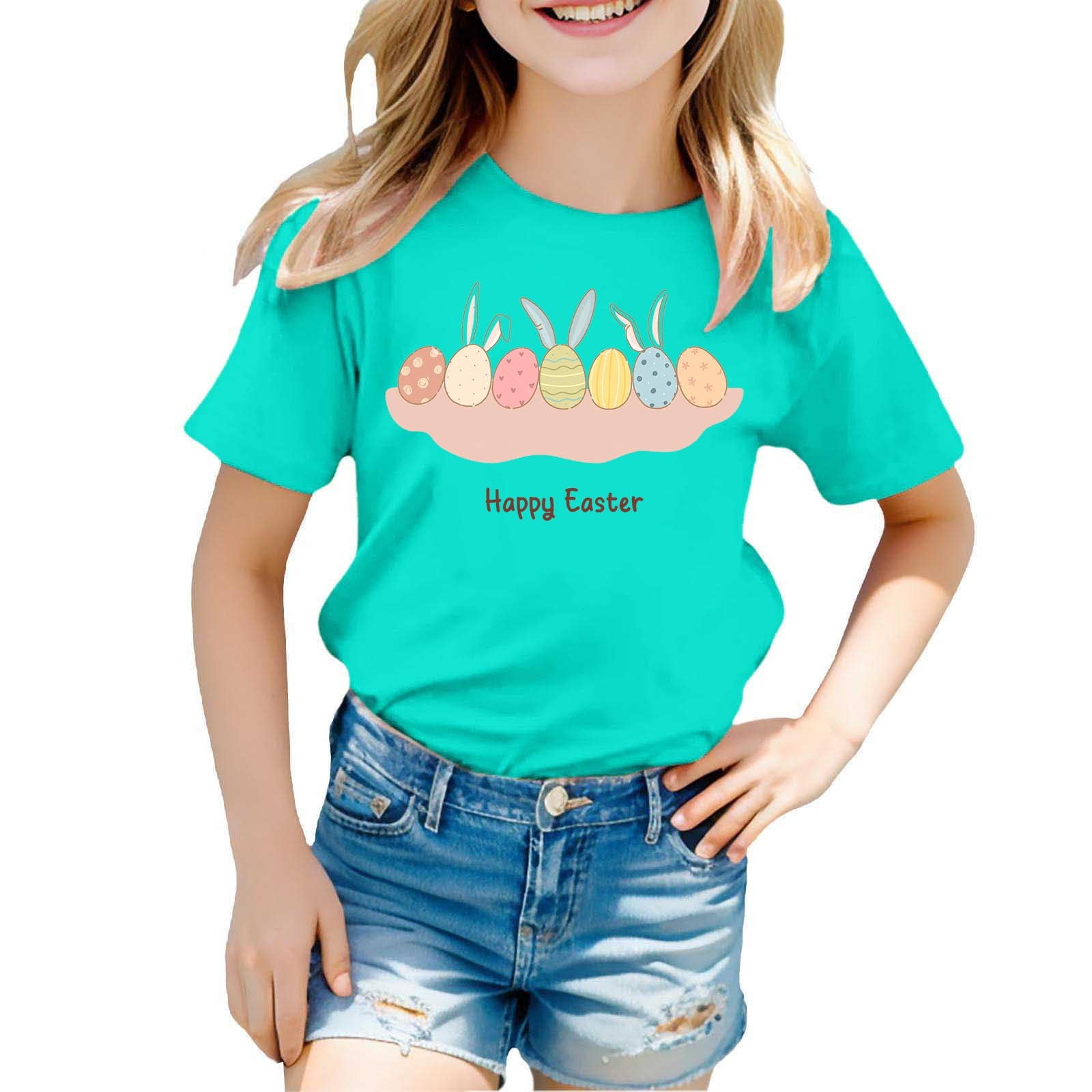 Gbsyewxs Easter Shirts For Girls Short Sleeve Bunny Crew Neck Letter ...