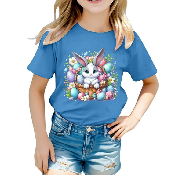 Gbsyewxs Easter Tops For Girls Crew Neck Short Sleeve Bunny Egg Print ...