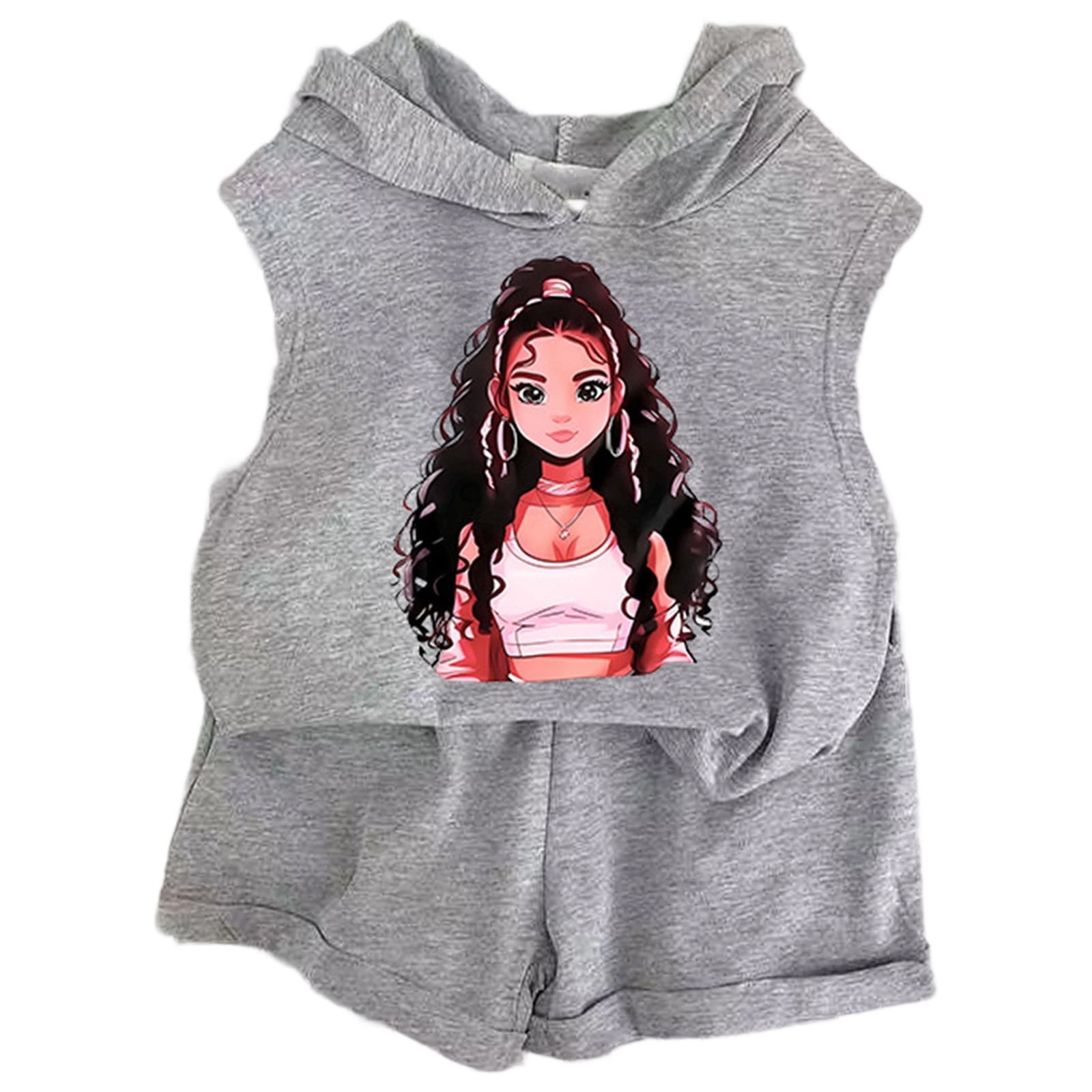 Gbsyewxs Girls Outfit Set Hooded Sleeveless Cartoon Print 2 Piece Tops ...