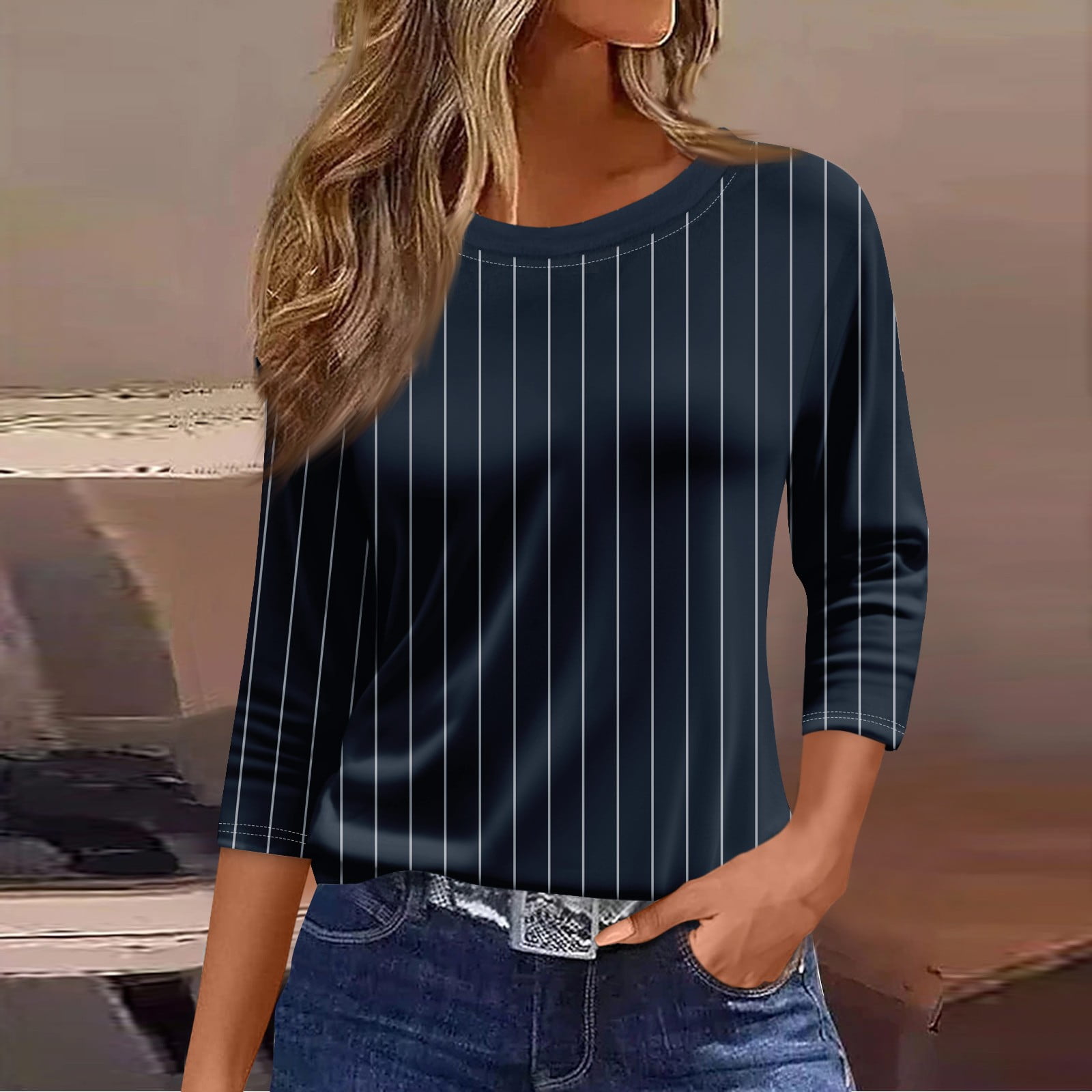GceSteap Three Quarter Sleeve Tops for Women Plus Size Solid Color Boat ...