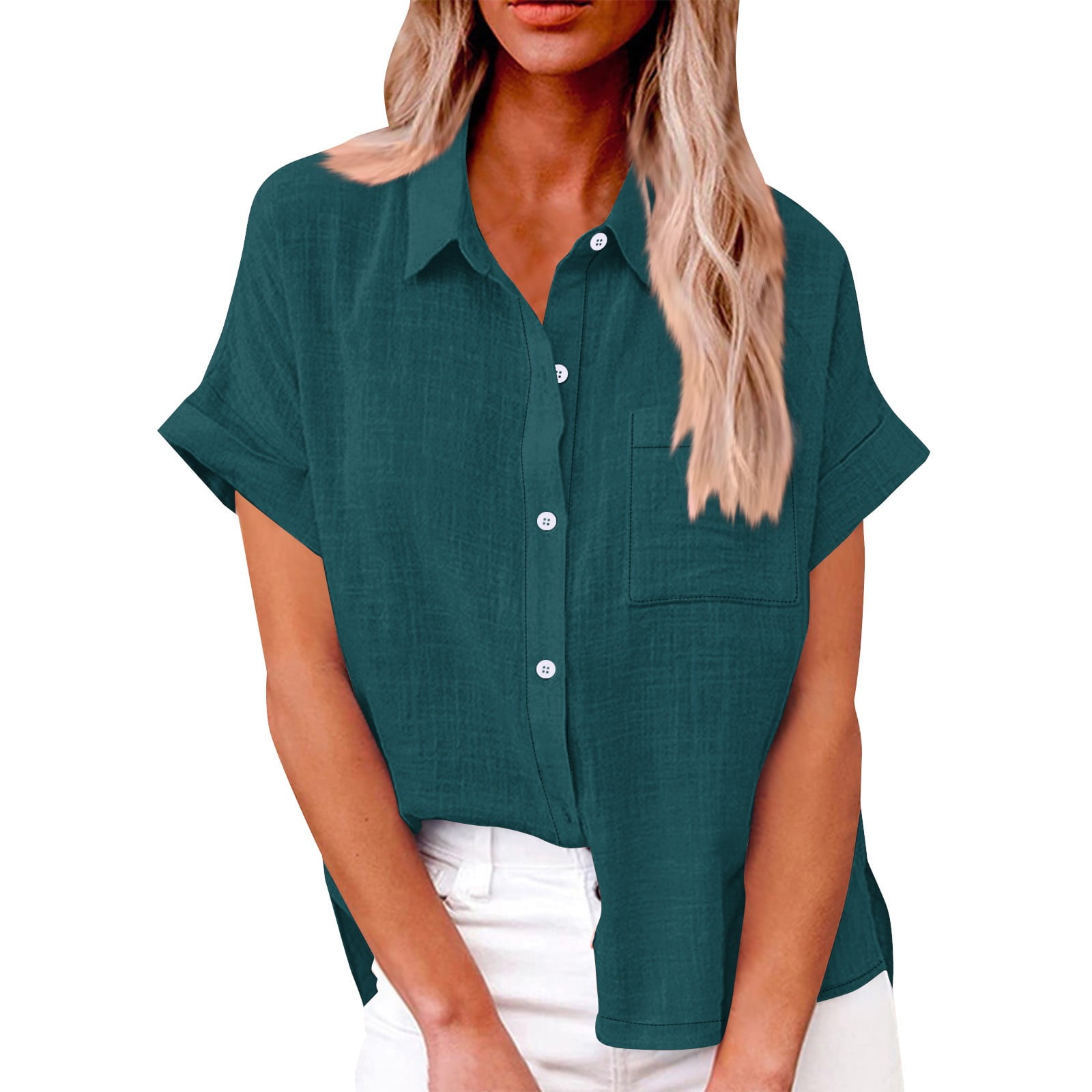 GceSteap Womens Button Down Cotton Linen Shirts V Neck Roll Up Short Sleeve Blouses Loose ...