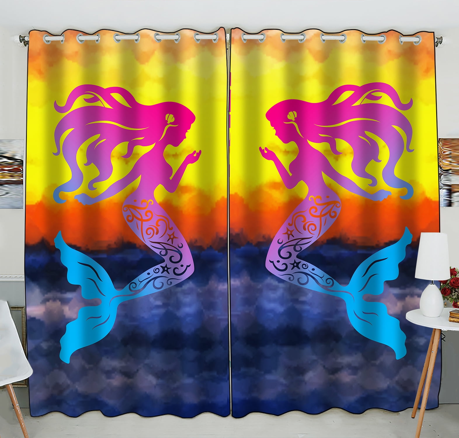 Gckg Mermaid Window Curtain,Mermaid Grommet Blackout Curtain Room ...