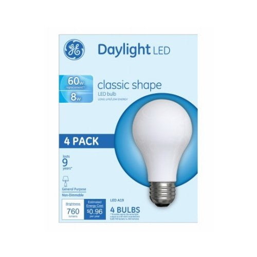 Ge Classic LED Daylight Non-Dim A19 Light Bulb, 8W, 4/Pack (GEL99192 ...