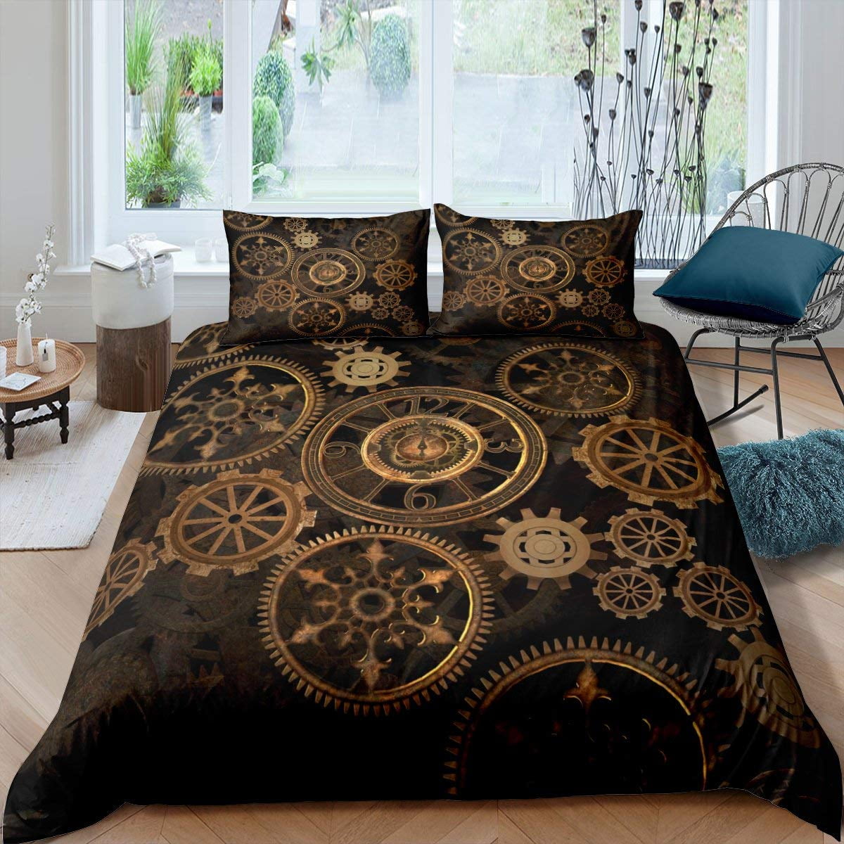 Gear Duvet Cover Set Retro Golden Clock Comforter Cover Set Full Size ...