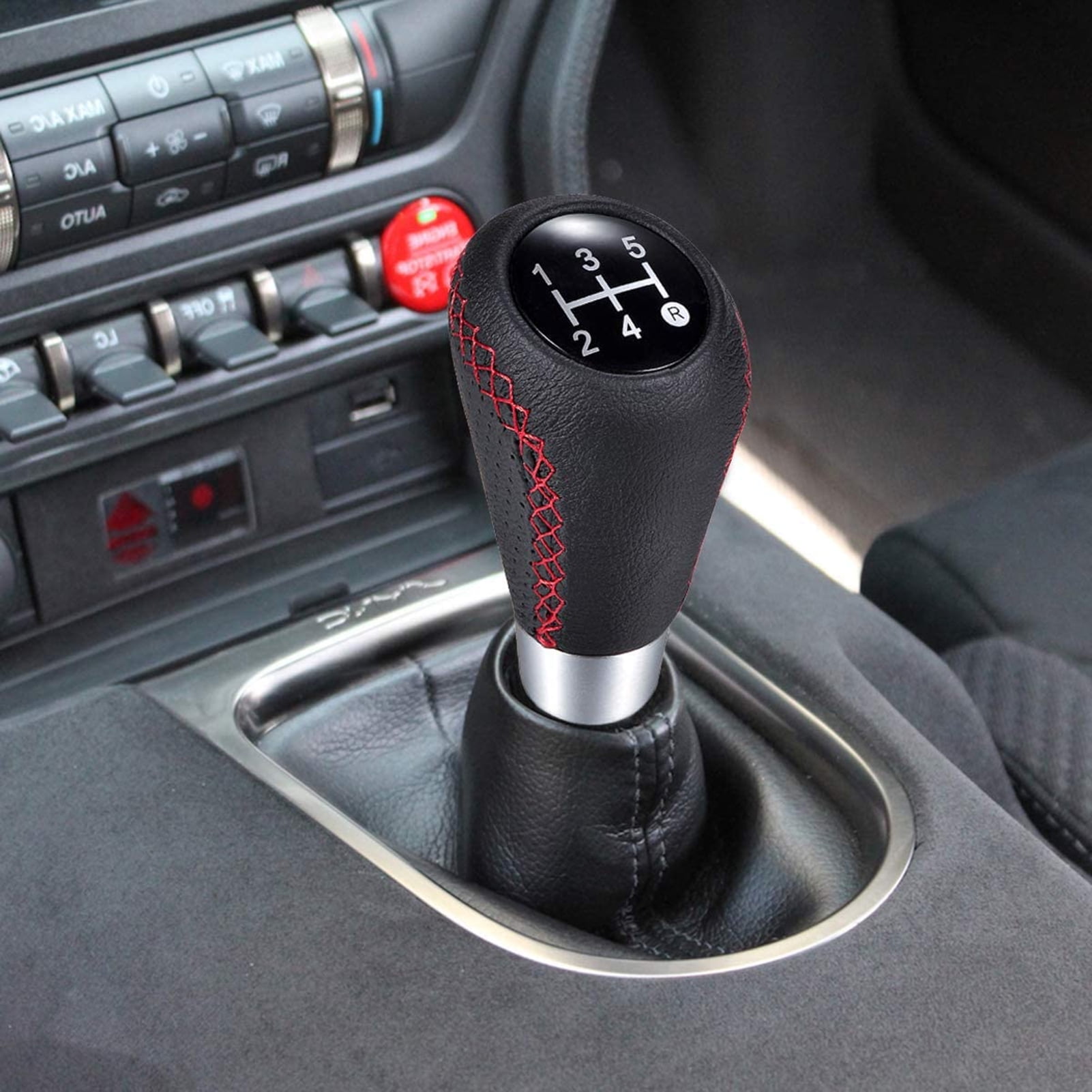 Gear Knob,Universal 8mm 10mm Stitch 5 Speed Leather Red Stitch Knob 5 ...