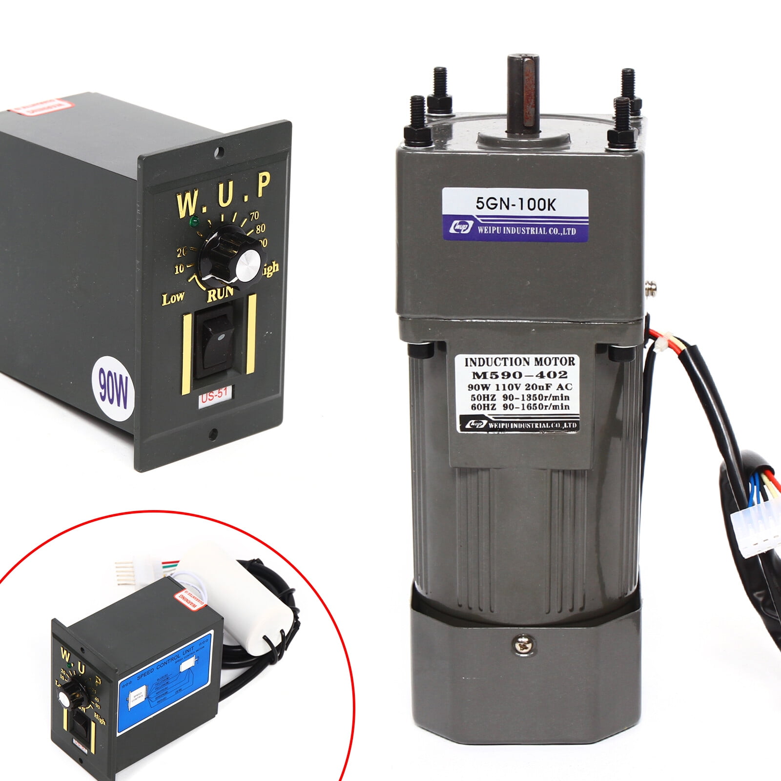 Gear Motor Electric Variable+Speed Controller Single-phase 1:100 90W AC ...