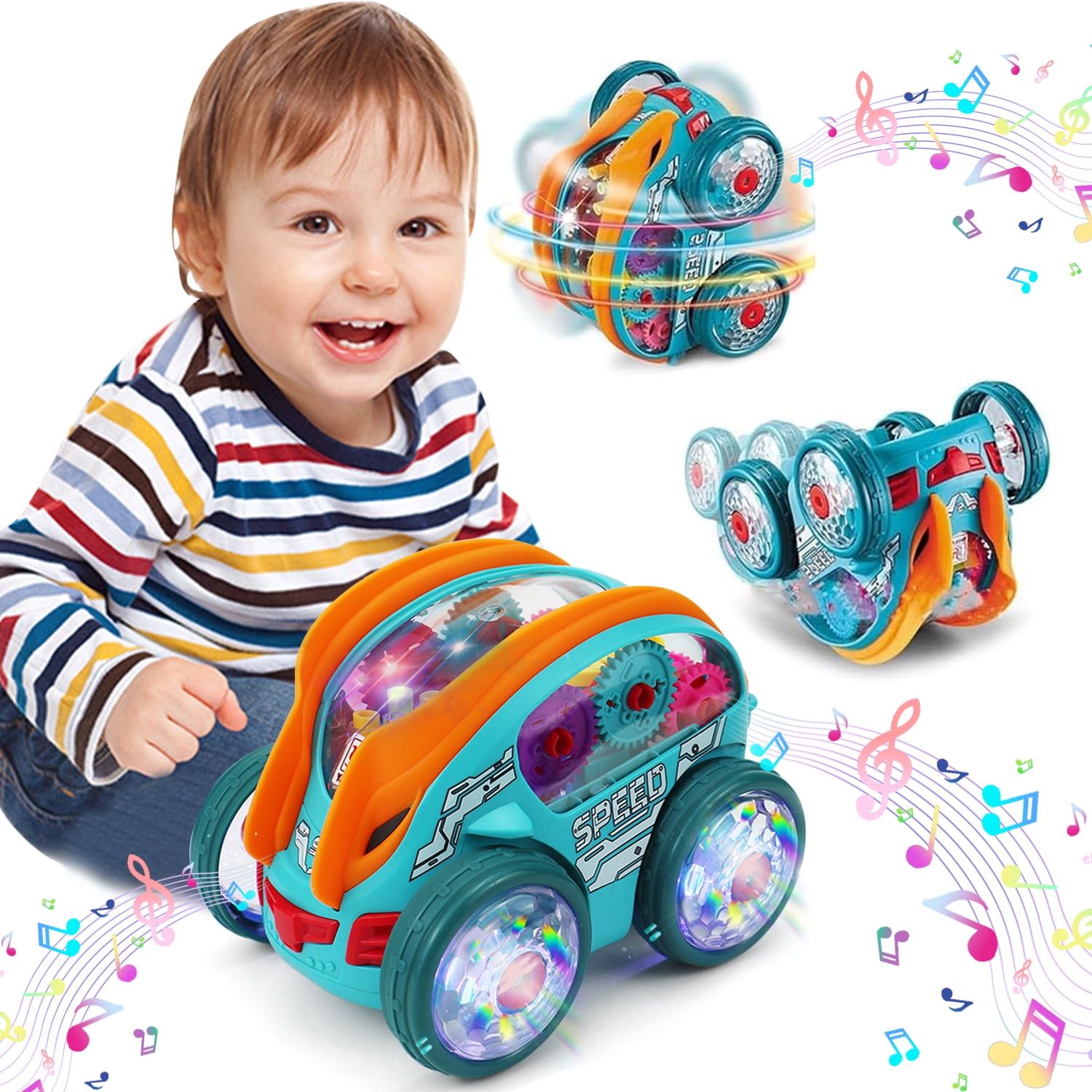 Gear-Powered Car Toy for Kids 1-3, Bump and Go Toy Cars with Colorful ...