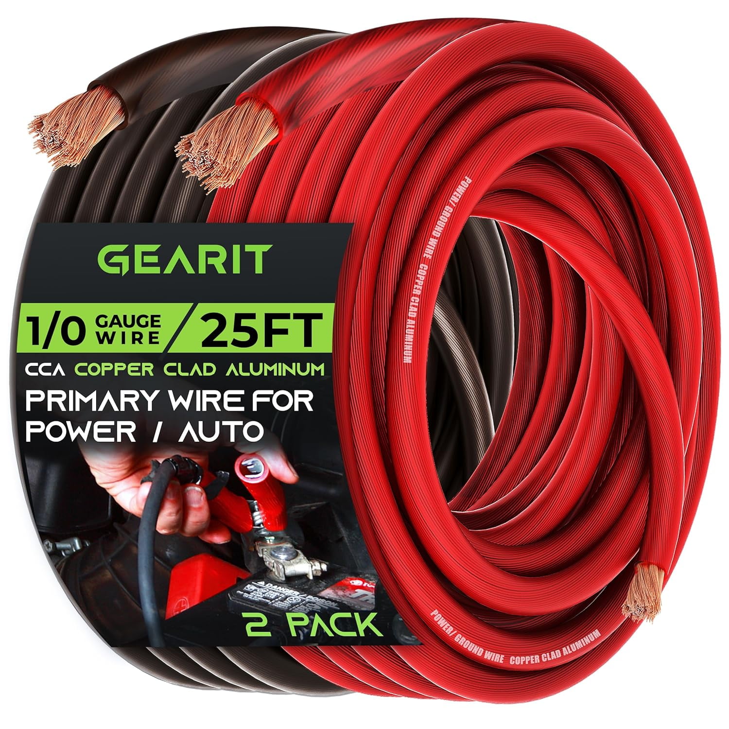 GearIT 1/0 Gauge Wire (25ft Each - Black/Red) Copper Clad Aluminum CCA ...