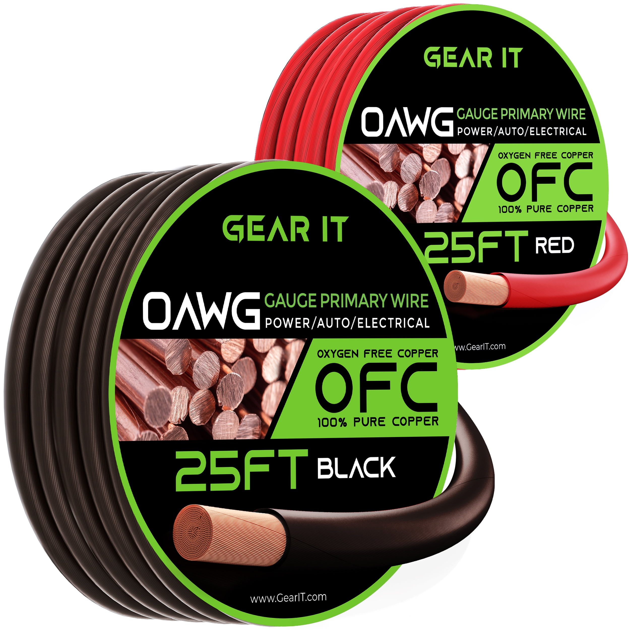 GearIT 1/0 Gauge Wire Oxygen Free Copper OFC (25ft Each- Black/Red Translucent) 0 AWG - Primary ...