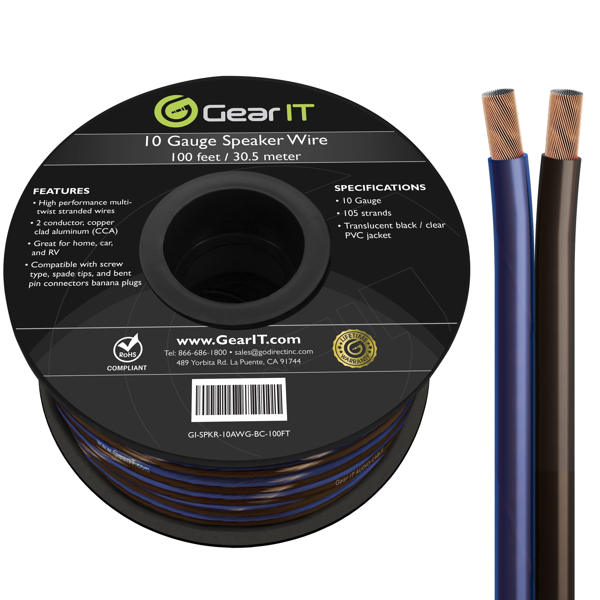 GearIT 10 Gauge Speaker Wire (100 Feet), Copper Clad Aluminum, CCA ...