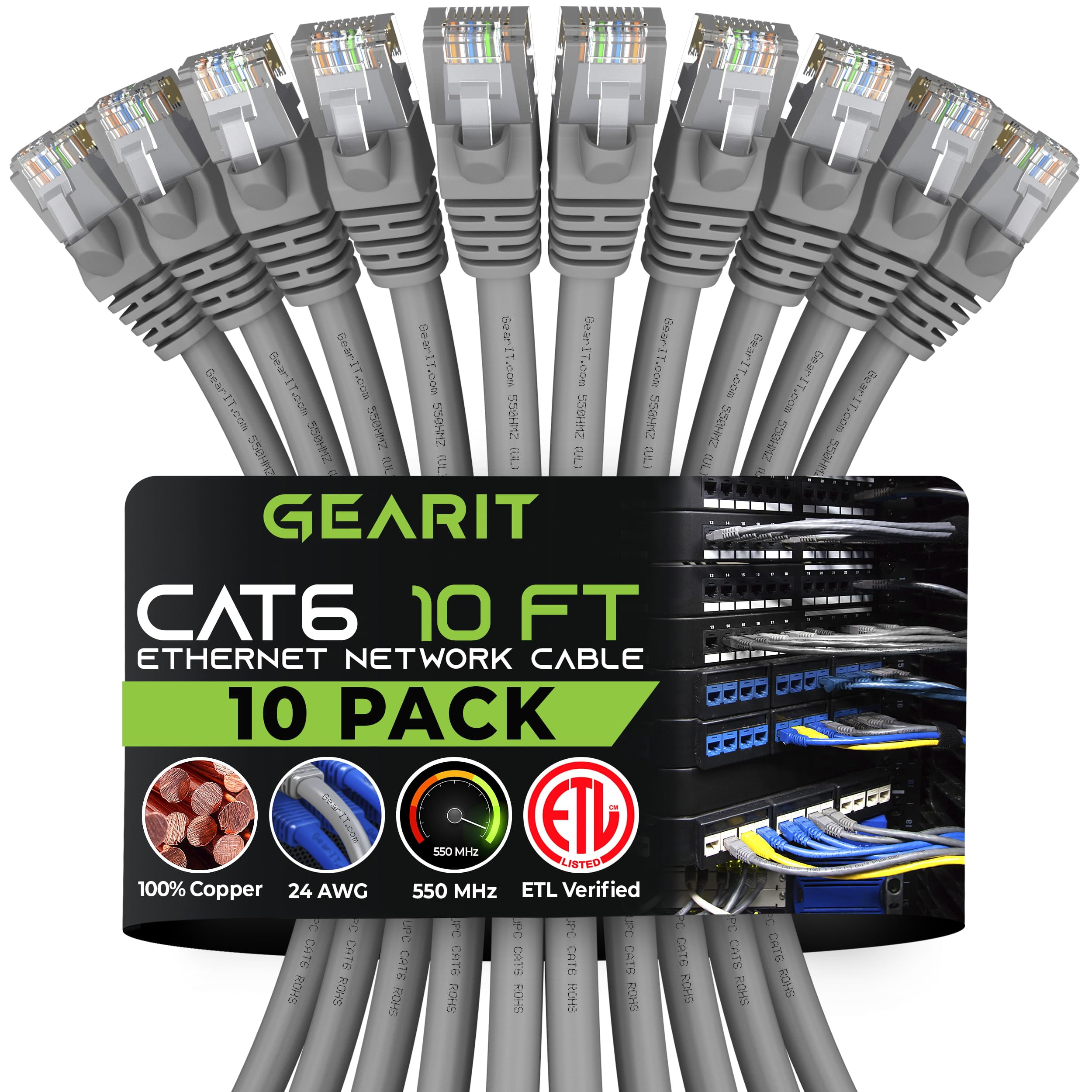 GearIT Cat 6 Ethernet Cable (10-Pack 10 Feet) Cat6 Network Patch ...