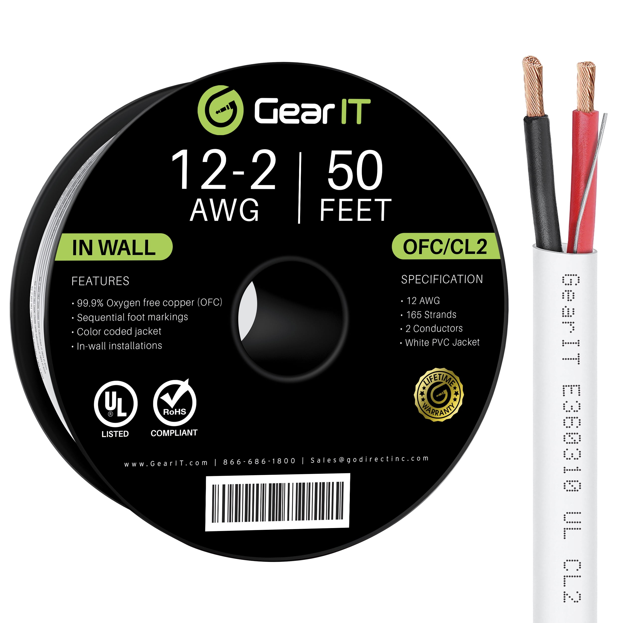 GearIT 12/2 Speaker Wire (50 Feet) 12AWG Gauge - Fire Safety In Wall ...