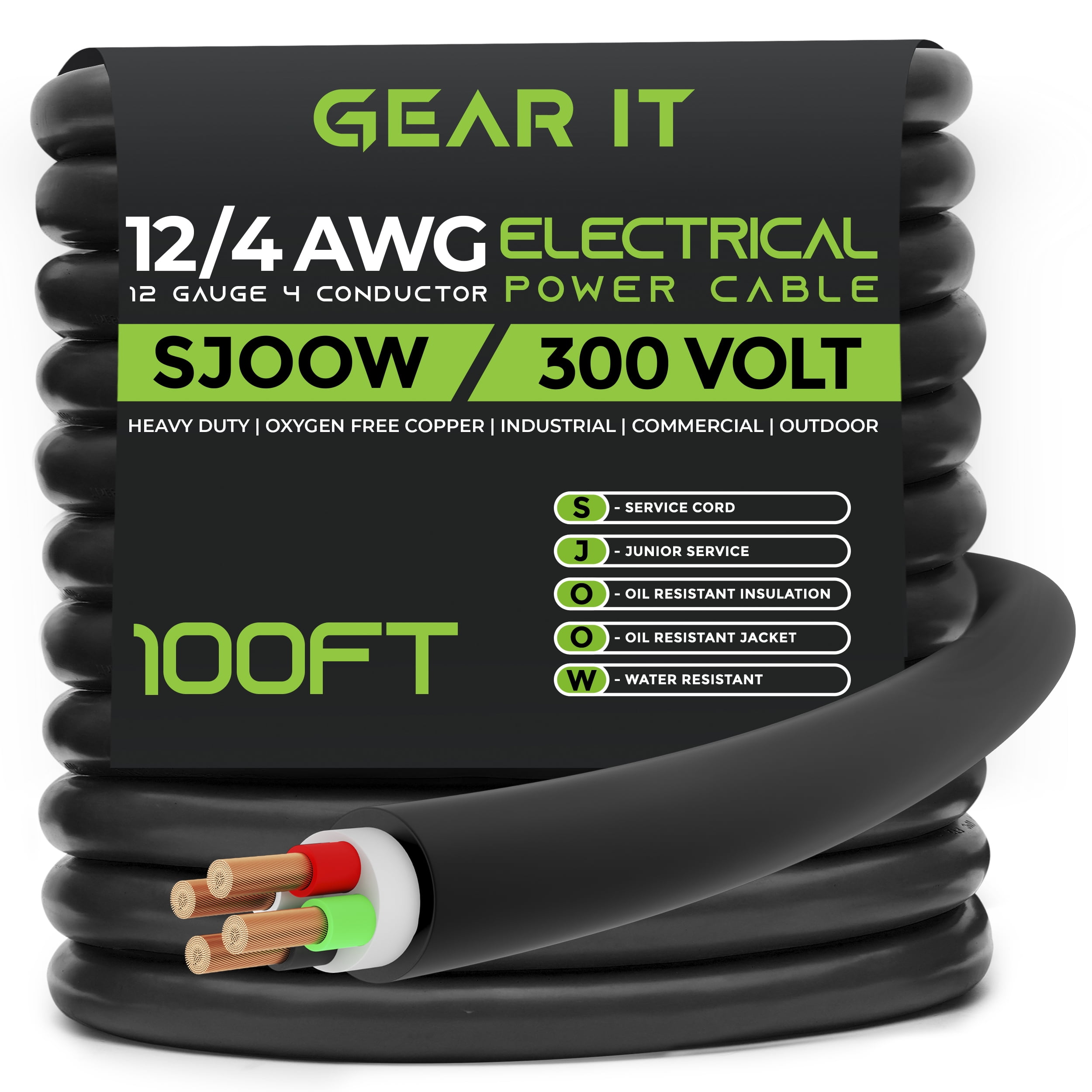 GearIT 12/4 12 AWG Portable Power Cable (100 Feet - 4 Conductor) SJOOW ...