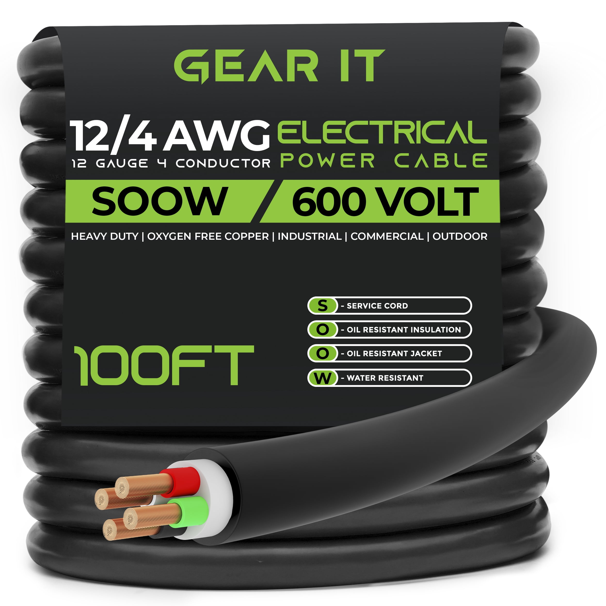 GearIT 12/4 12 AWG Portable Power Cable (100 Feet - 4 Conductor) SOOW ...