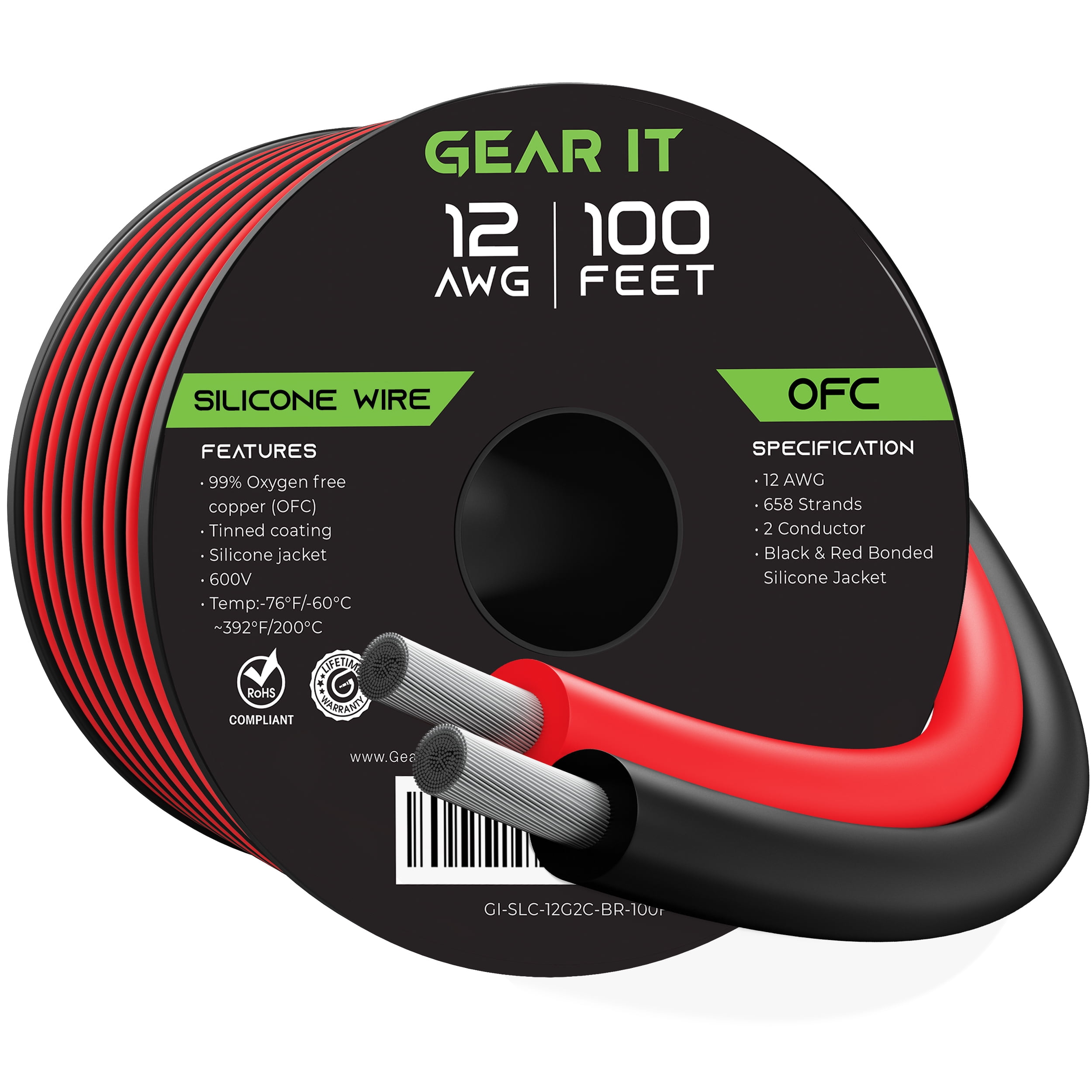 GearIT 12 Gauge Silicone Wire 600V (Bonded Black/Red - 100 Feet) 12AWG Tinned OFC Oxygen Free ...