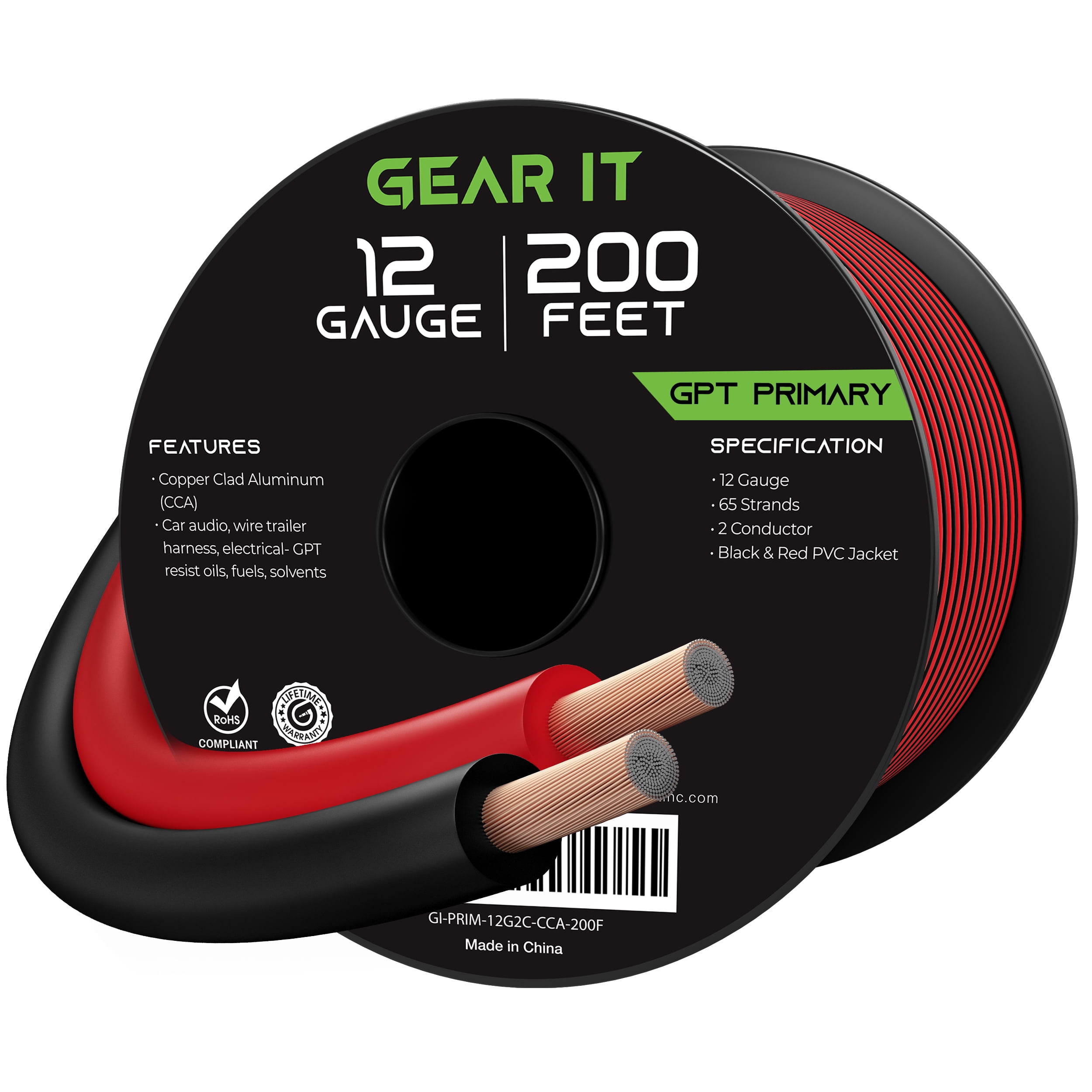 GearIT 12 Gauge Wire (200ft - Black/Red) GPT Automotive Primary Bonded ...