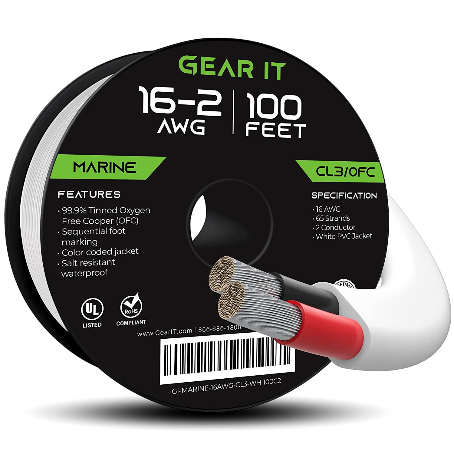 GearIT 16/2 Tinned OFC 2-Conductor Marine Grade Speaker Cable Wire 100 ...