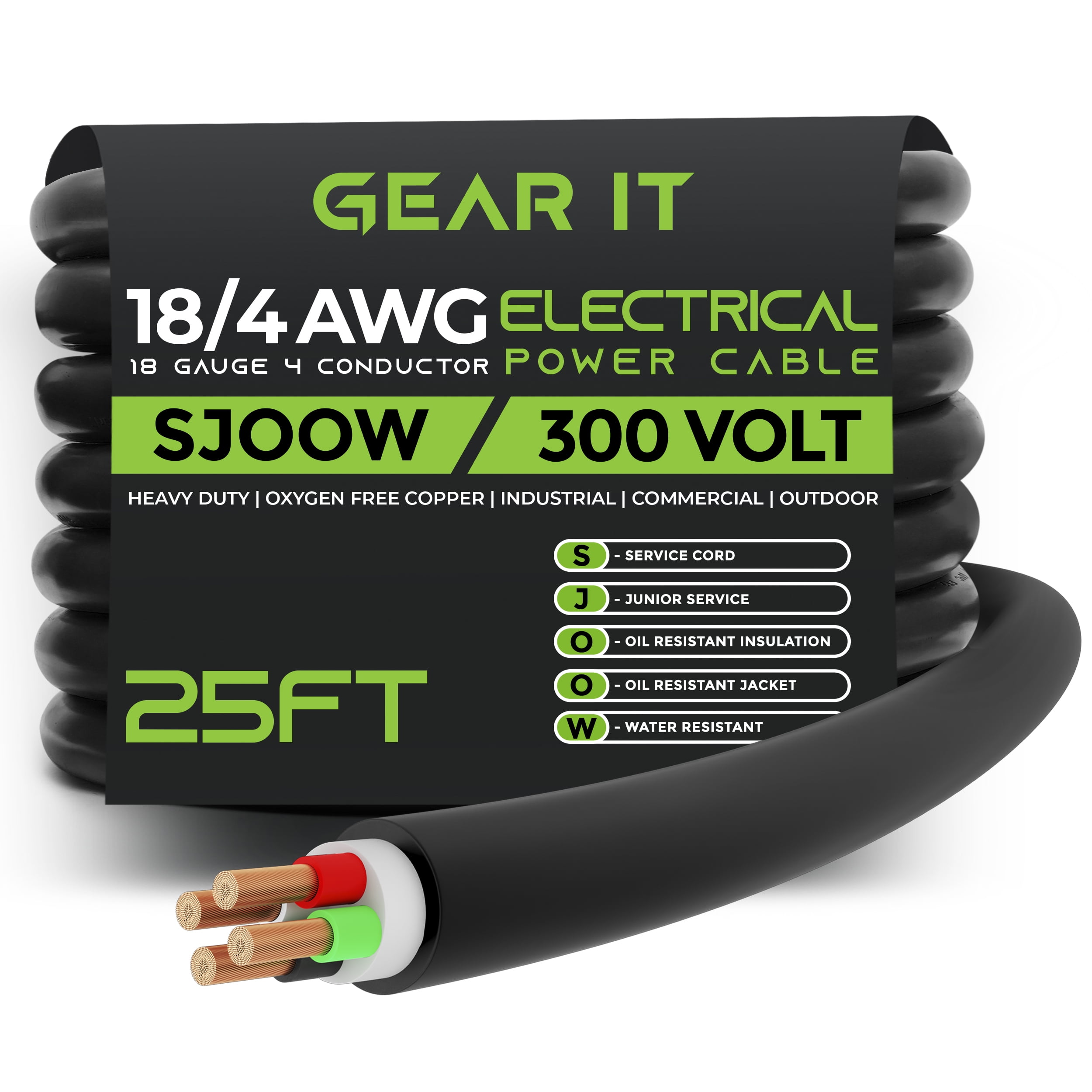 GearIT 18/4 18 AWG Portable Power Cable (25 Feet - 4 Conductor) SJOOW ...