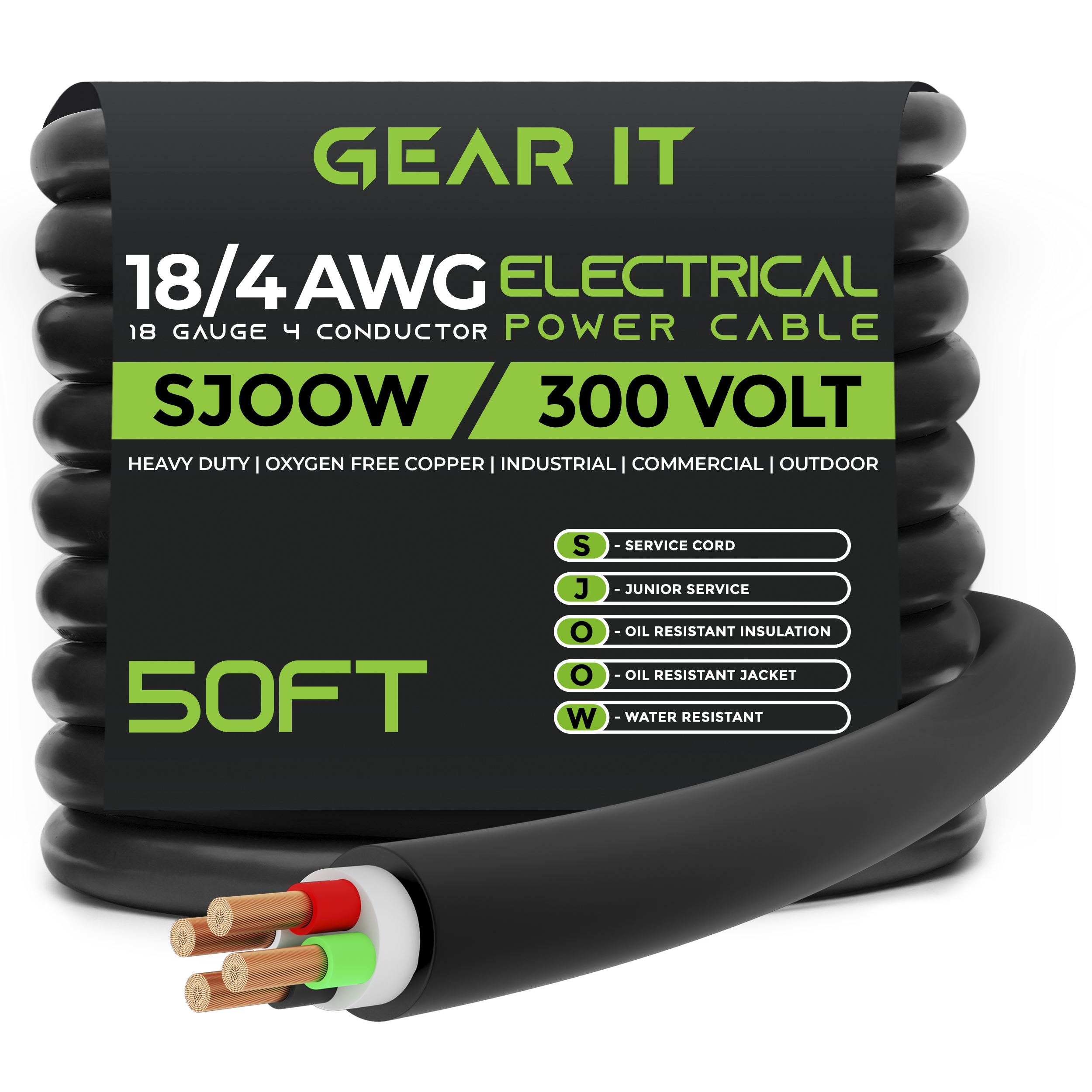 GearIT 18/4 18 AWG Portable Power Cable (50 Feet - 4 Conductor) SJOOW ...