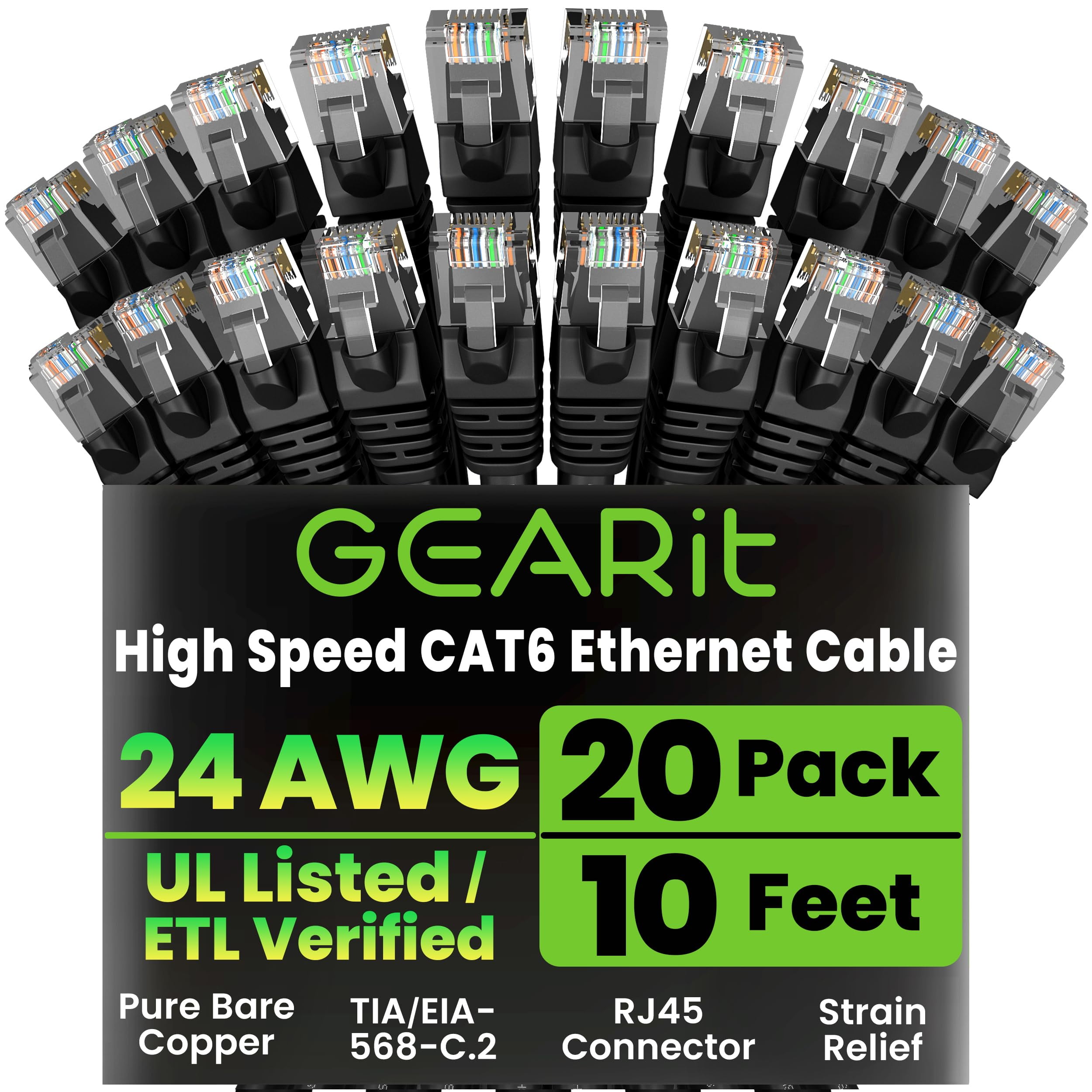 GearIT Cat 6 Ethernet Cable Pack - 20-Pack 10 ft Cat6 Ethernet Patch ...