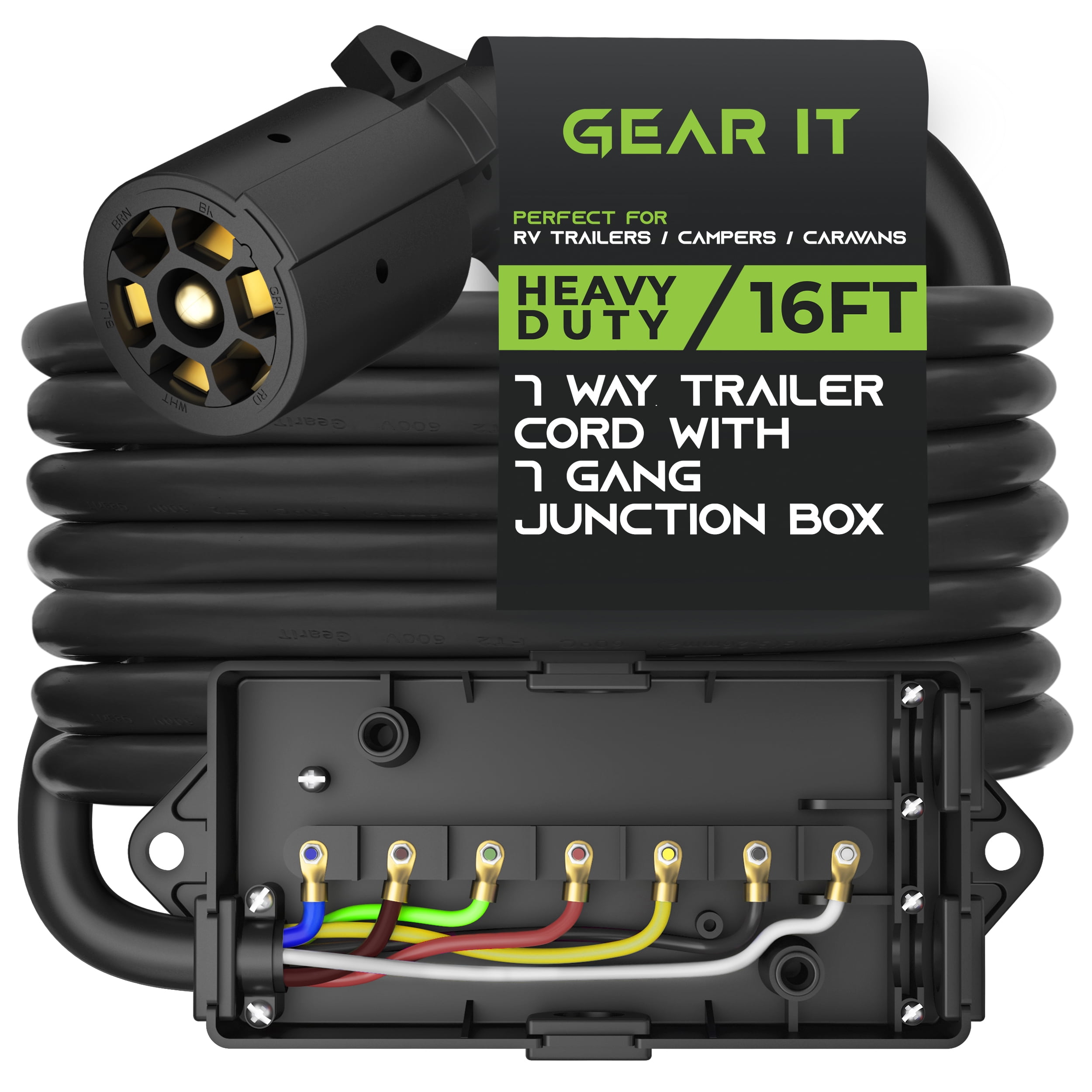 GearIT 7 Way Plug Inline Trailer Cord (16 Feet) with 7 Gang Junction ...