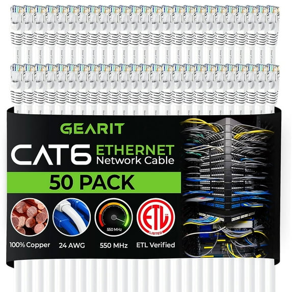 GearIT Pre-Terminated Cat 6 Ethernet Cables for Home & Office Network, White 3-ft 50 Pack ...