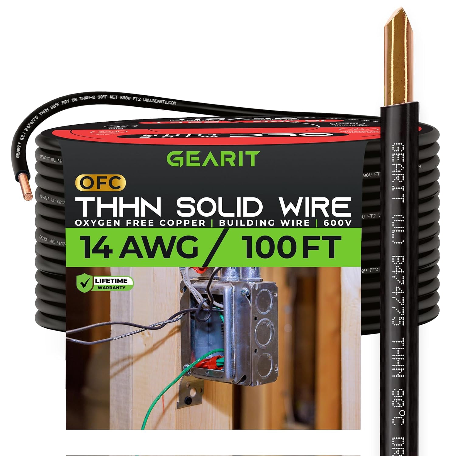 GearIT Solid THHN Wire (14 Gauge, 100 Feet) 100% OFC Electrical ...