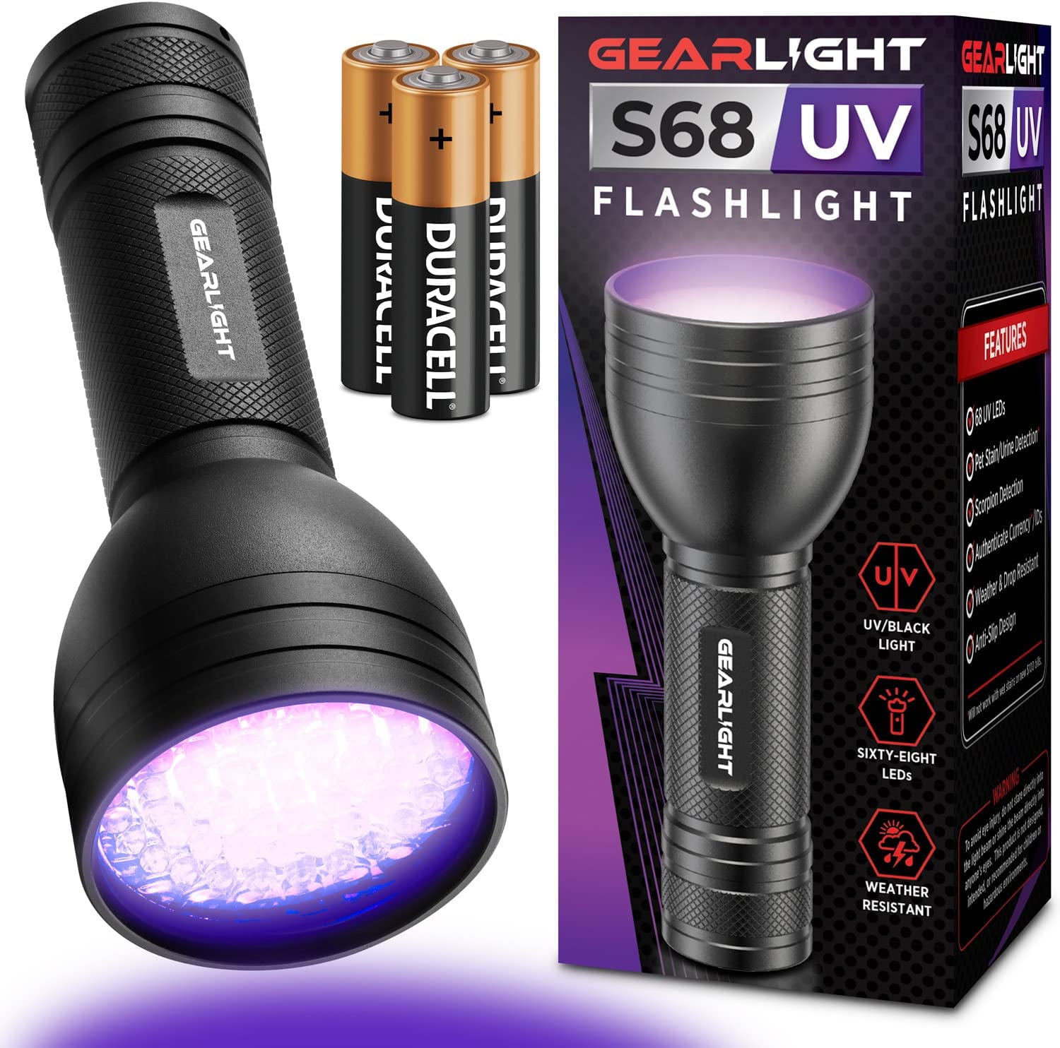 GearLight S68 UV Flashlight - 68 LED Blacklight for Pet Urine & Bed Bug ...