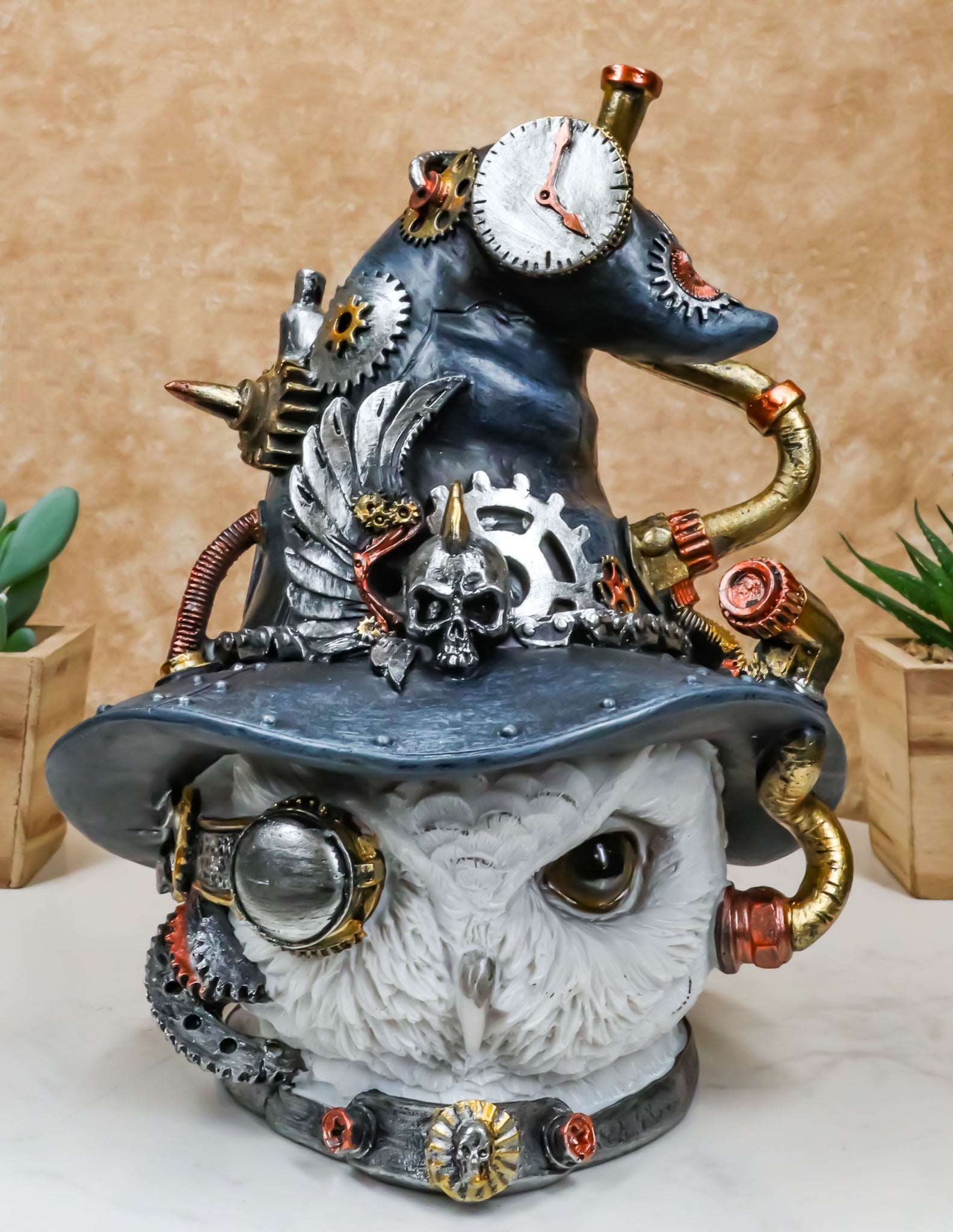 Geared Clockwork Pipes Valves Steampunk Owl With Winged Skull Witch Hat Figurine - Walmart.com
