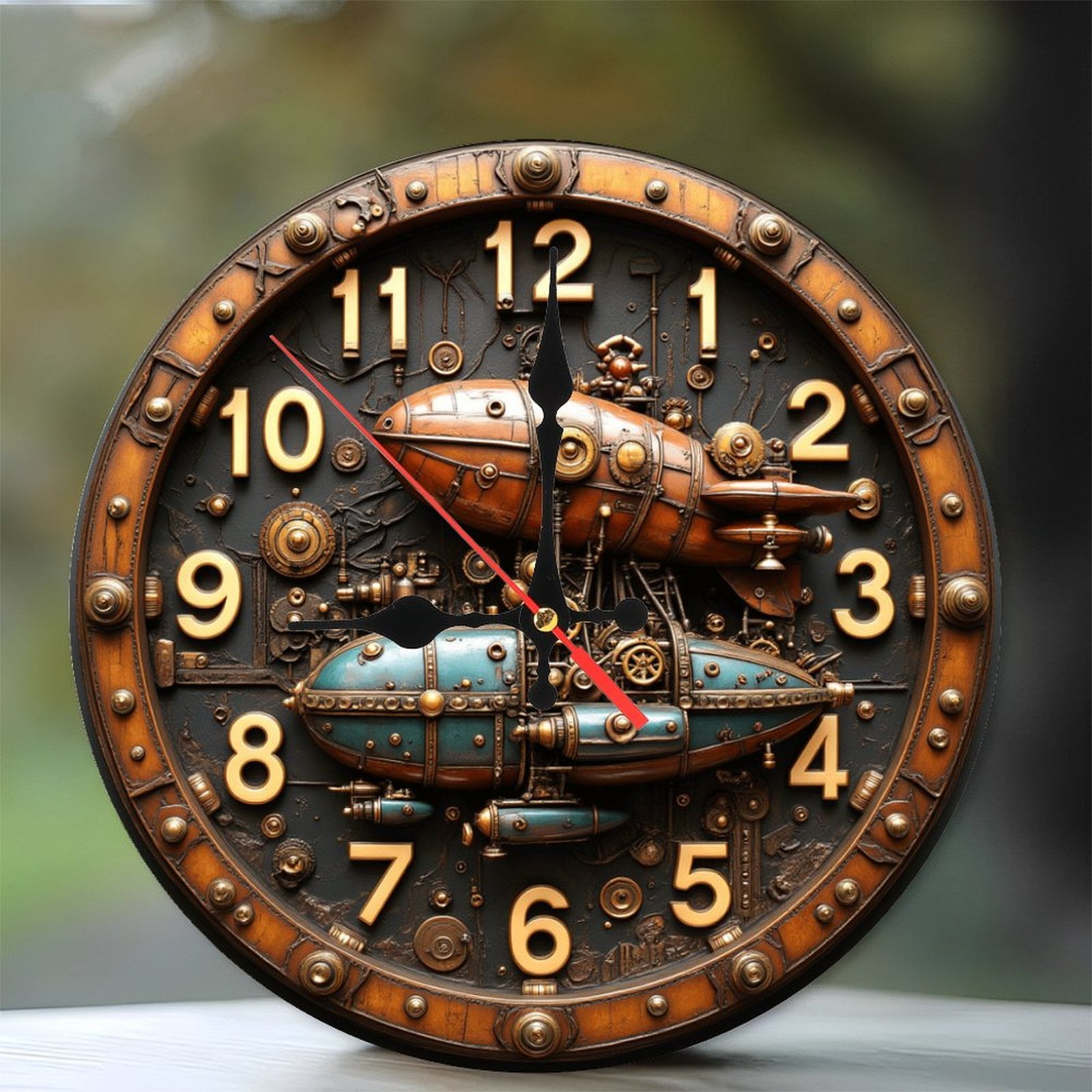 Gearpunk Airship Submarine Clock Wall Decor 10-Inch Silent Wooden Wall ...