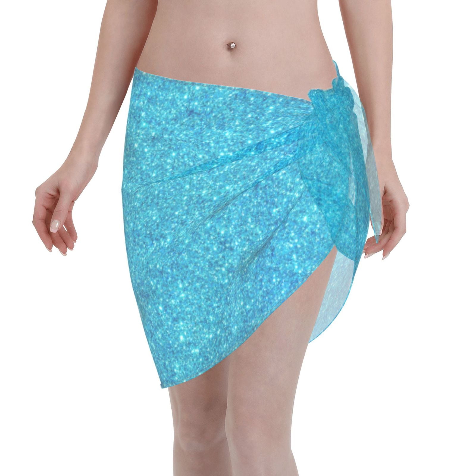 Geaub Blue Glitter Women's Short Wrap Skirt, Beach Sun Protection Shawl, Swimsuit Bra, Swimwear ...