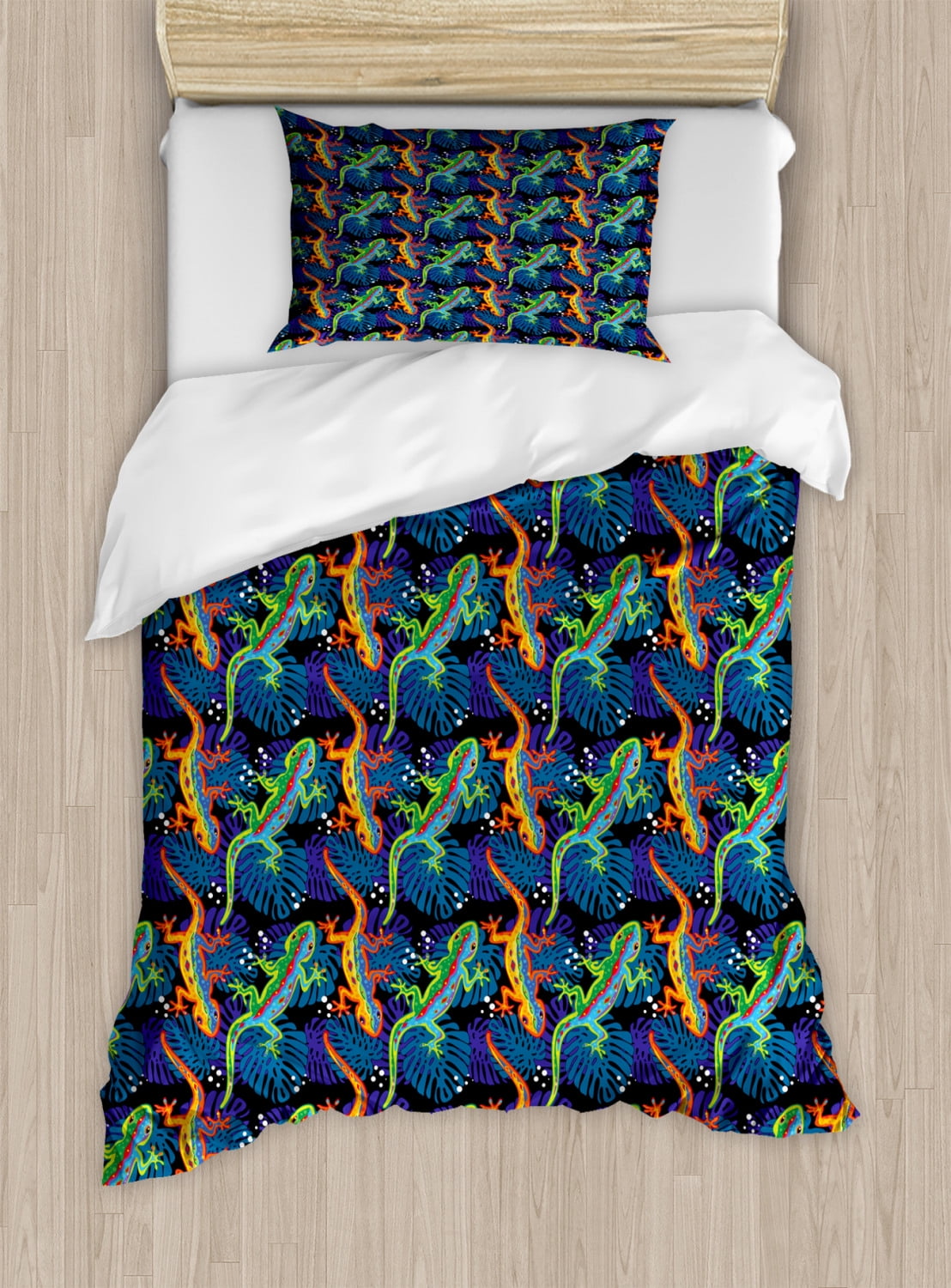 Gecko Duvet Cover Set Twin Size, Exotic Colorful Lizards on Monstera ...