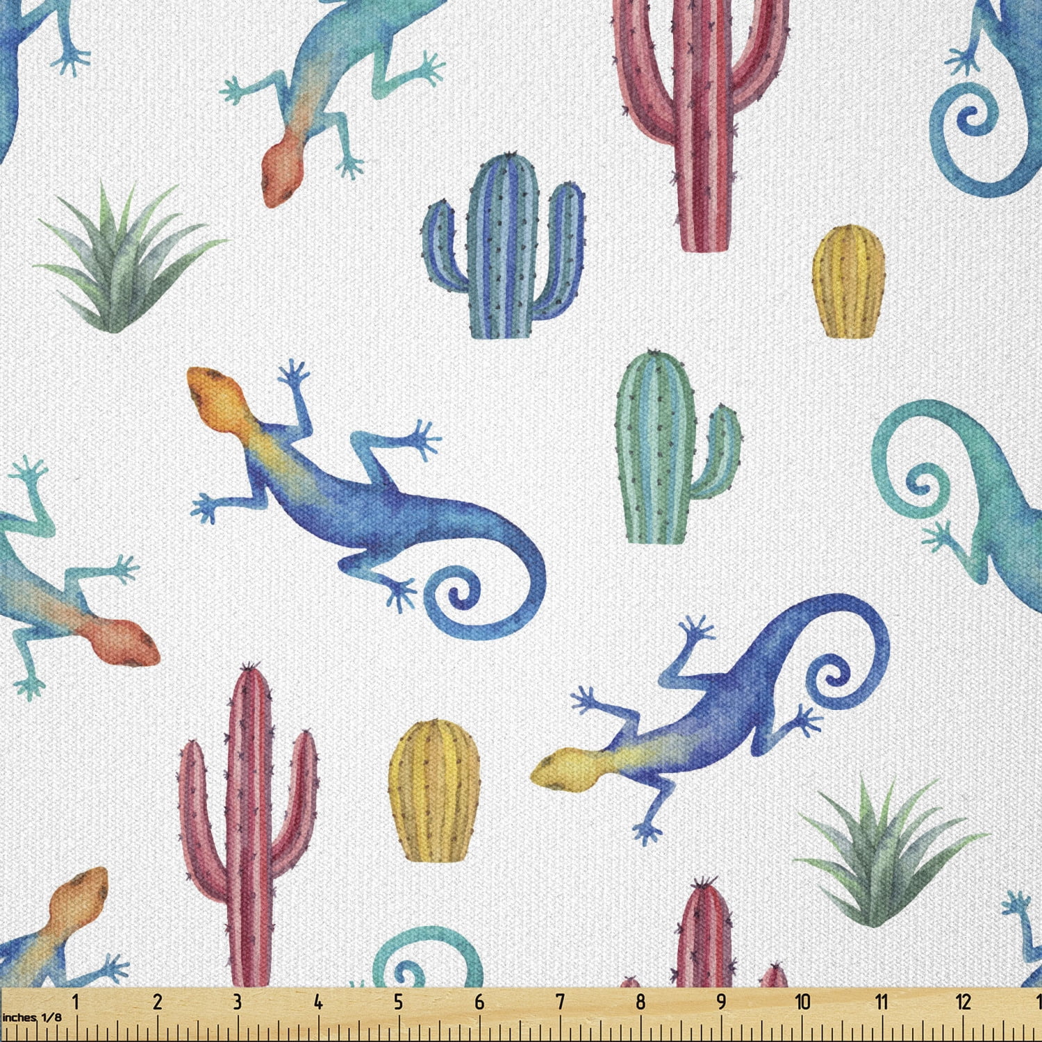 Gecko Fabric by The Yard, Watercolor Effect Lizards Cactuses Succulent ...