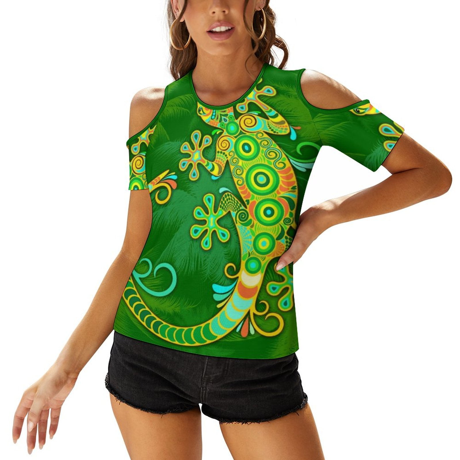 Gecko Lizard Colorful Tattoo Style Women Zipper Sexy Printed Vintage T ...