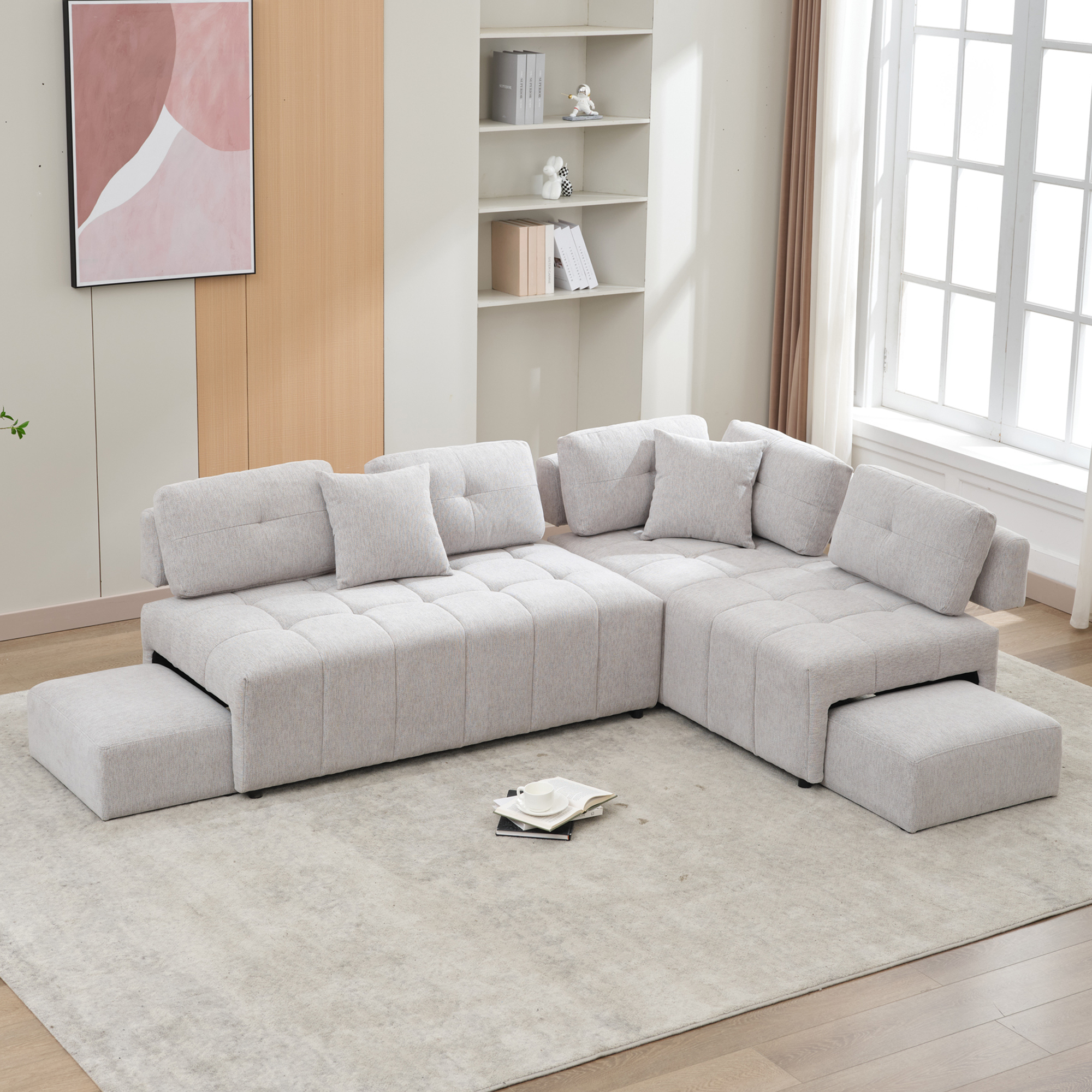 GeeHome 91.73" L-shaped Sofa Sectional Sofa Couch with 2 Stools and 2 ...