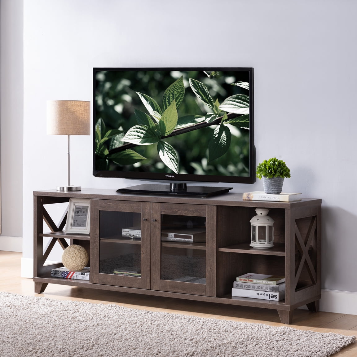 GeeHome Home 60" TV Stand with Four Side Shelves and Transparent Center ...