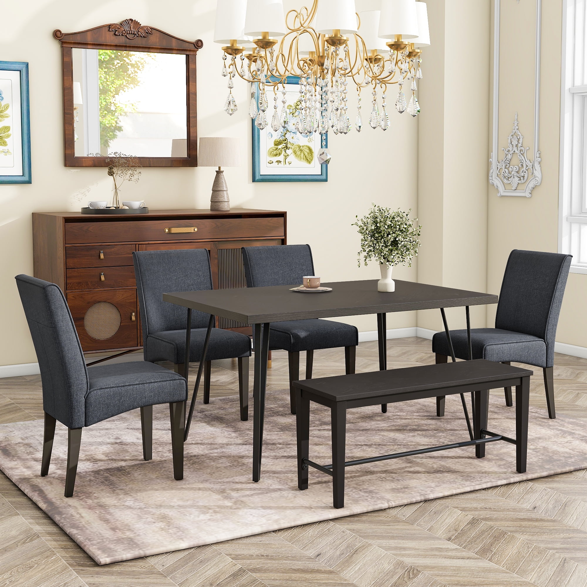 GeeHome Modern 6-Piece Dining Table Set with V-Shape Metal Legs, Wood ...