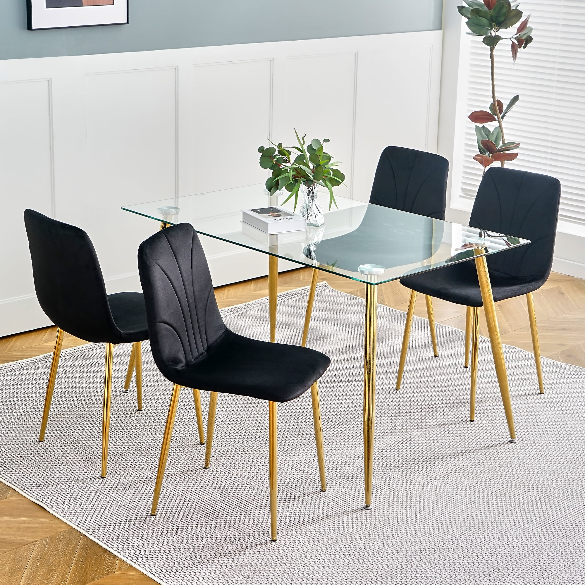 GeeHome Modern simple light luxury dining black chair home bedroom stool back dressing chair student desk chair gold metal legs set of 4