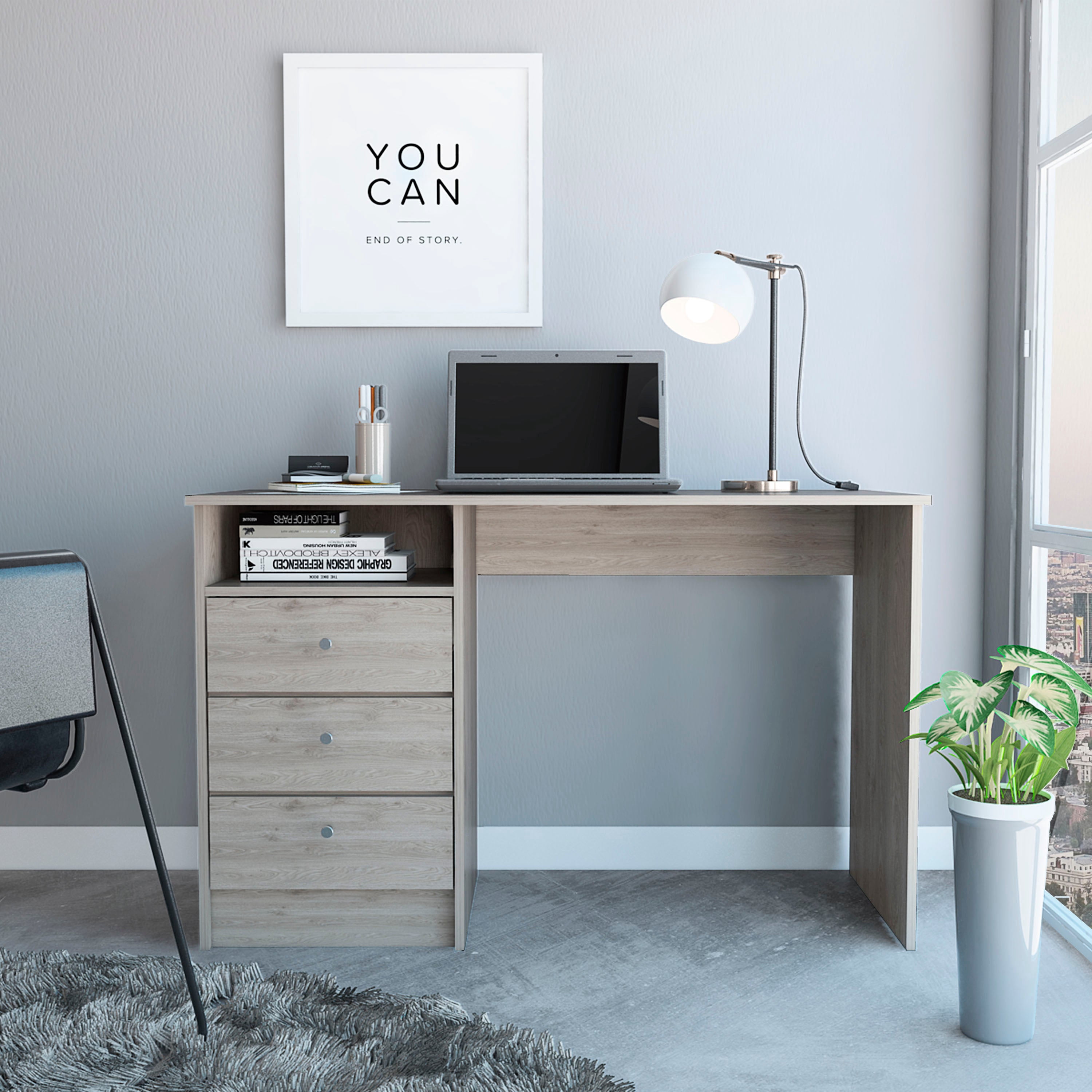 GeeHome Providence 3-Drawer Writing Desk with Open Compartment Light ...