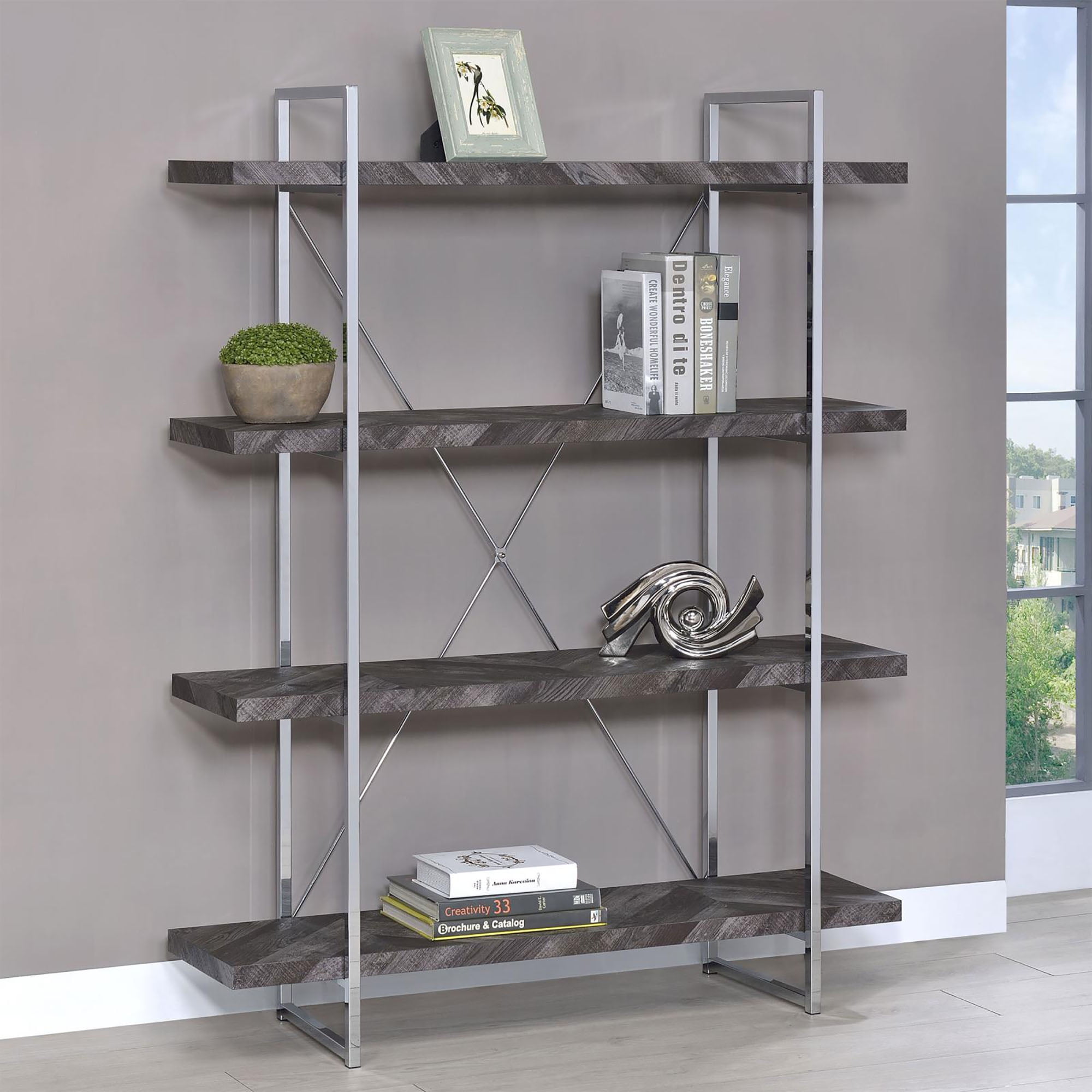 GeeHome Rustic Grey Herringbone Bookcase with Full-Length Shelf ...