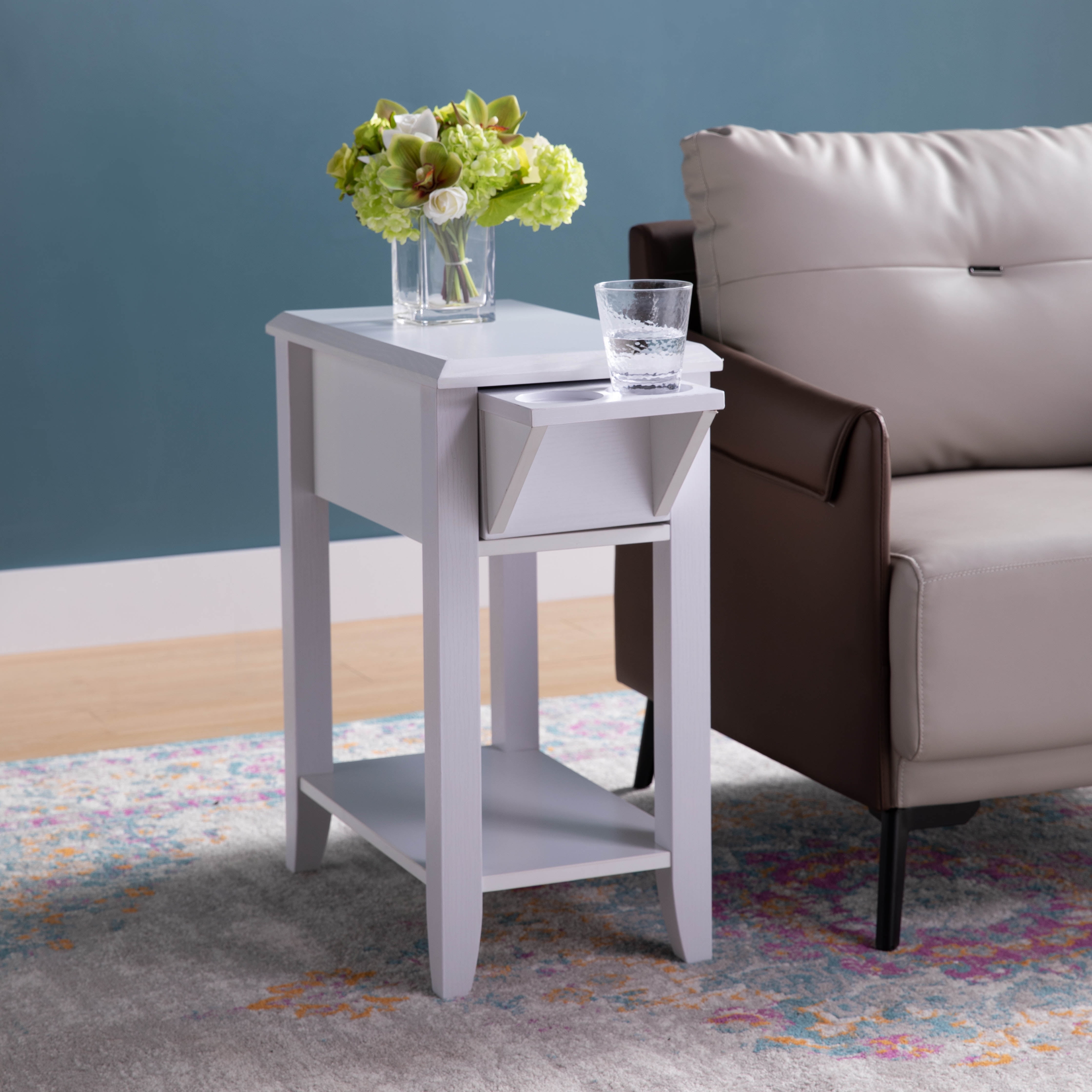 GeeHome White Modern Chairside Table with Two Cup Holders, Display ...