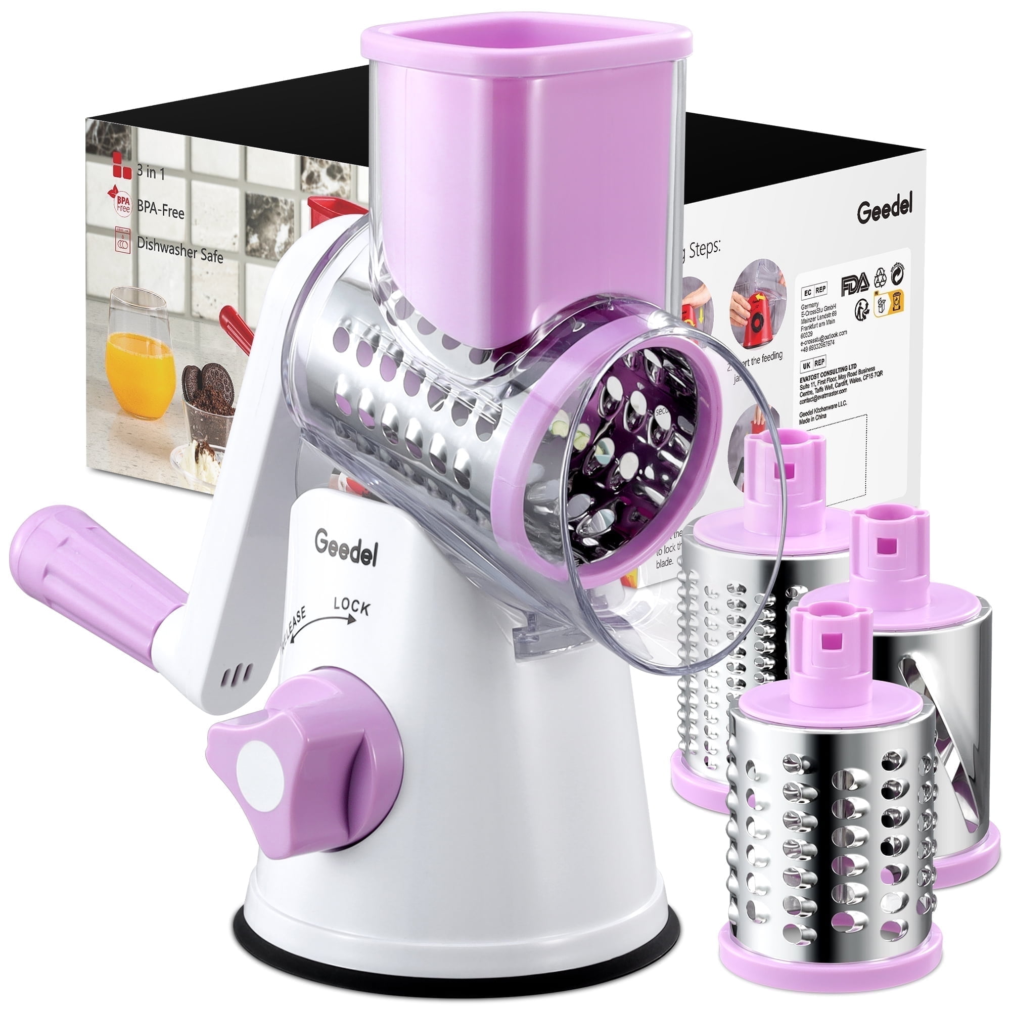 Geedel Rotary Cheese Grater, Kitchen Grater Vegetable Slicer with 3 ...