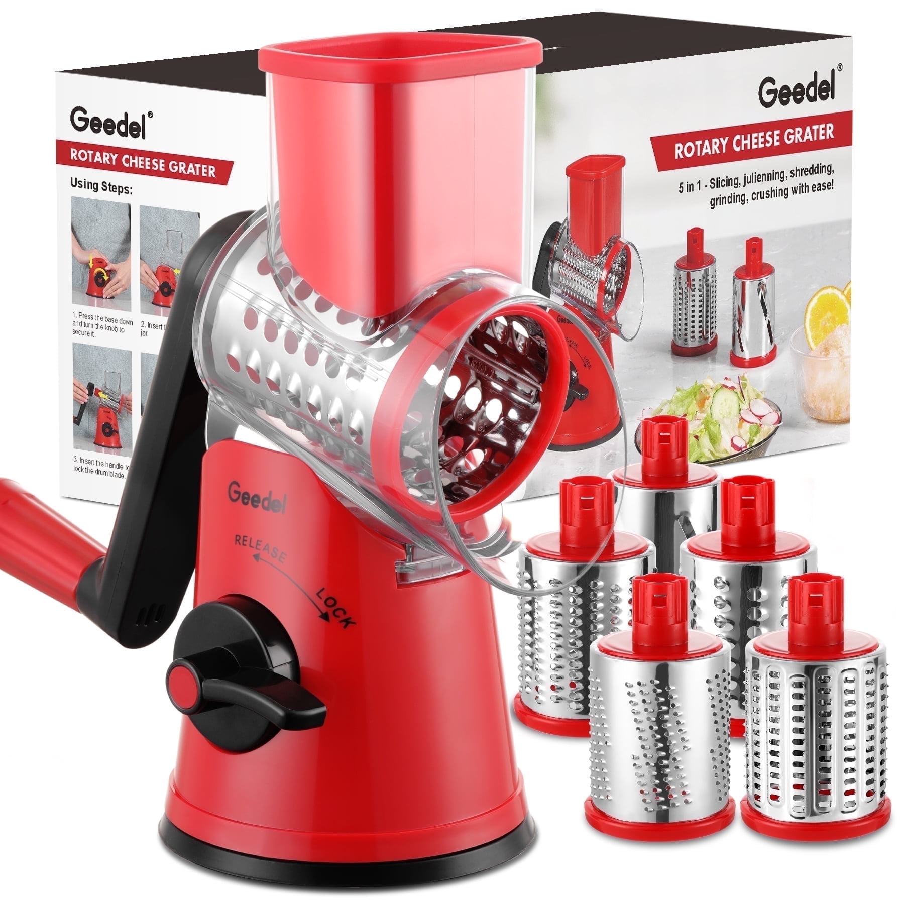 Geedel Rotary Cheese Grater, Kitchen Grater Vegetable Slicer with 5 ...