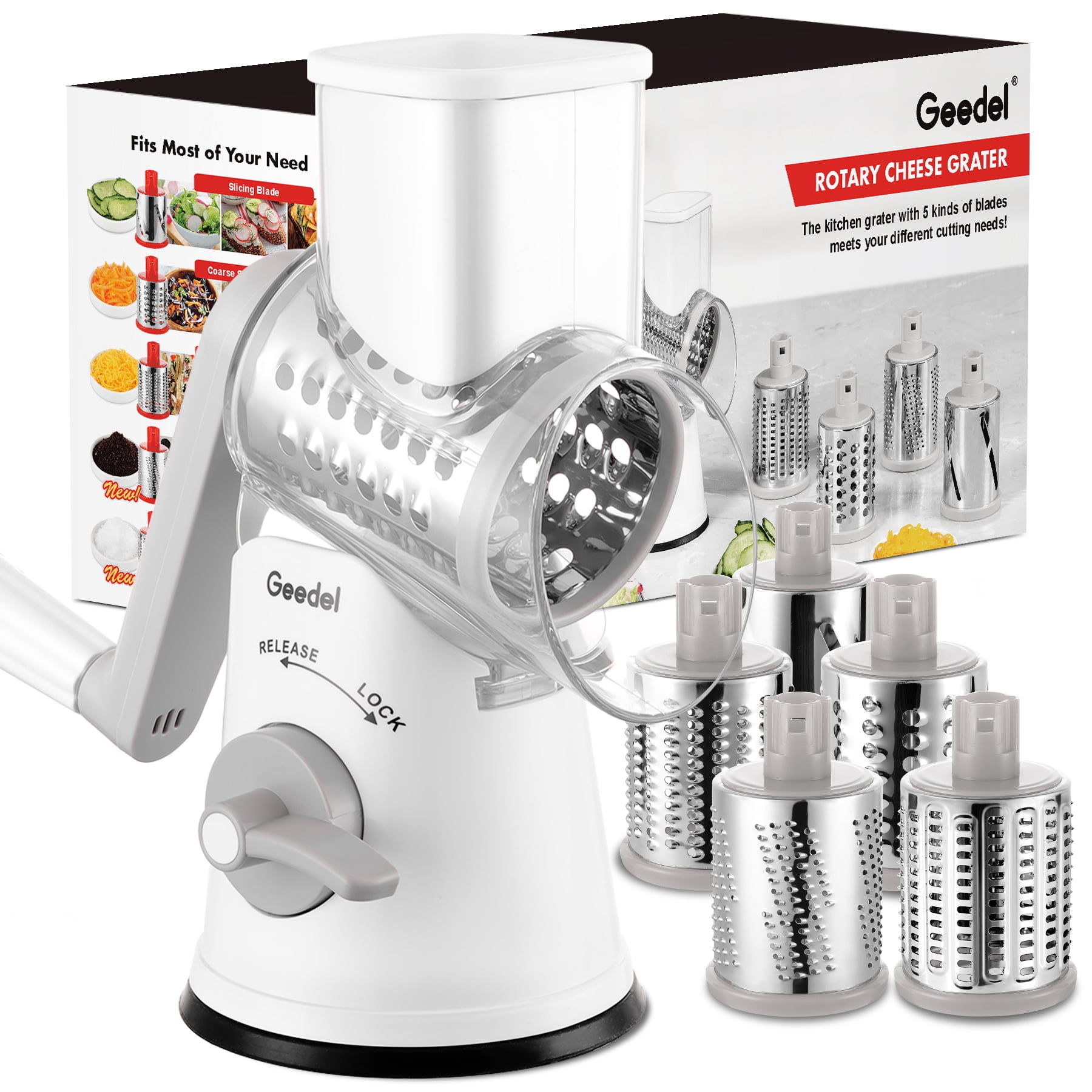 Geedel Rotary Cheese Grater, Kitchen Grater Vegetable Slicer with 5 ...