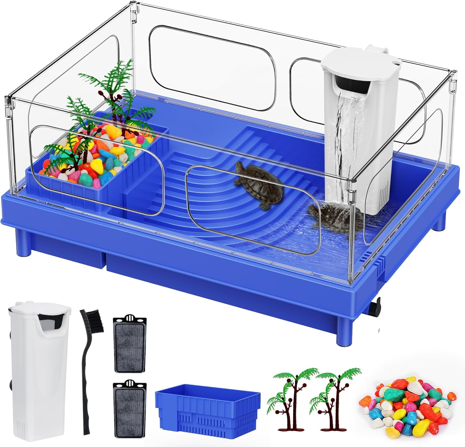 Geegoods Turtle Tank, Blue Small Turtle Tank Kit, Turtle Aquarium with ...