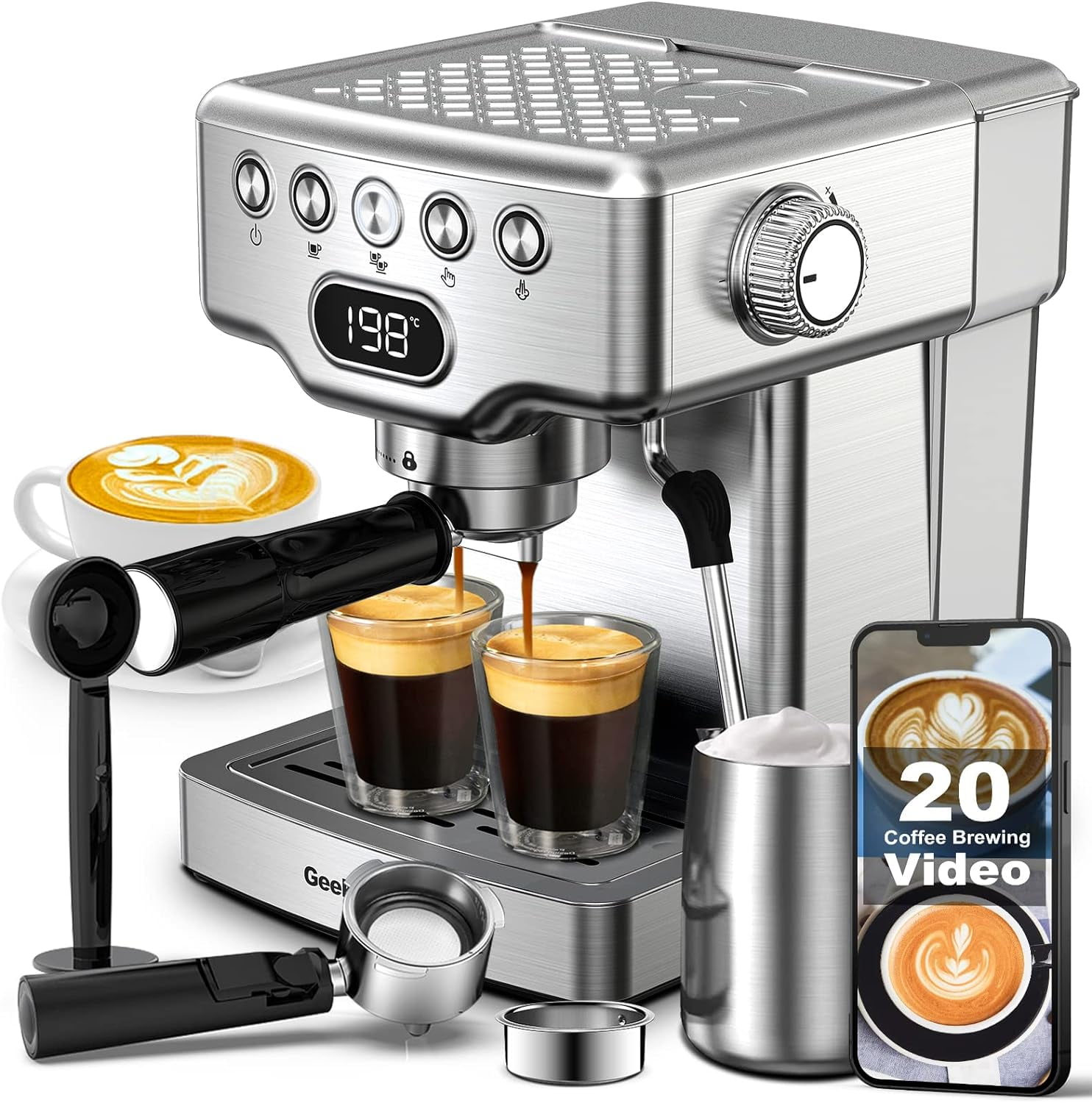 Geek Chef 20 Bar Espresso Machine, Automatic Milk Frother, ESE Filters ...