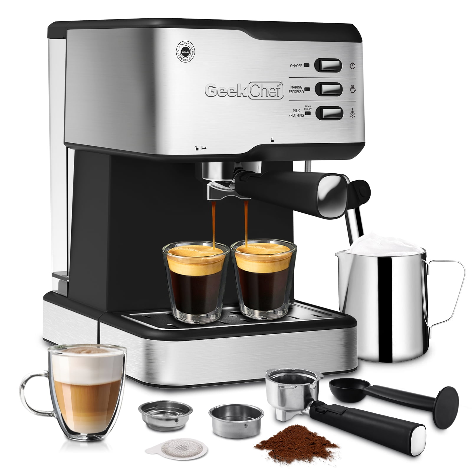 Geek Chef Espresso Machine, Cappuccino & Latte Machine with ESE POD Filter & Milk Frother Steam ...
