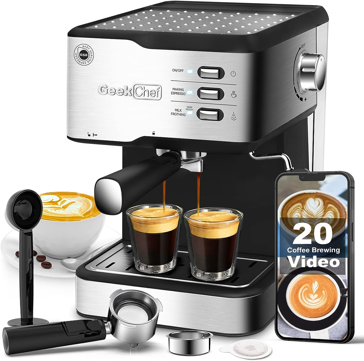 Geek Chef Espresso Machine Coffee Machine 20 Bar Pump Cappuccino Latte ...