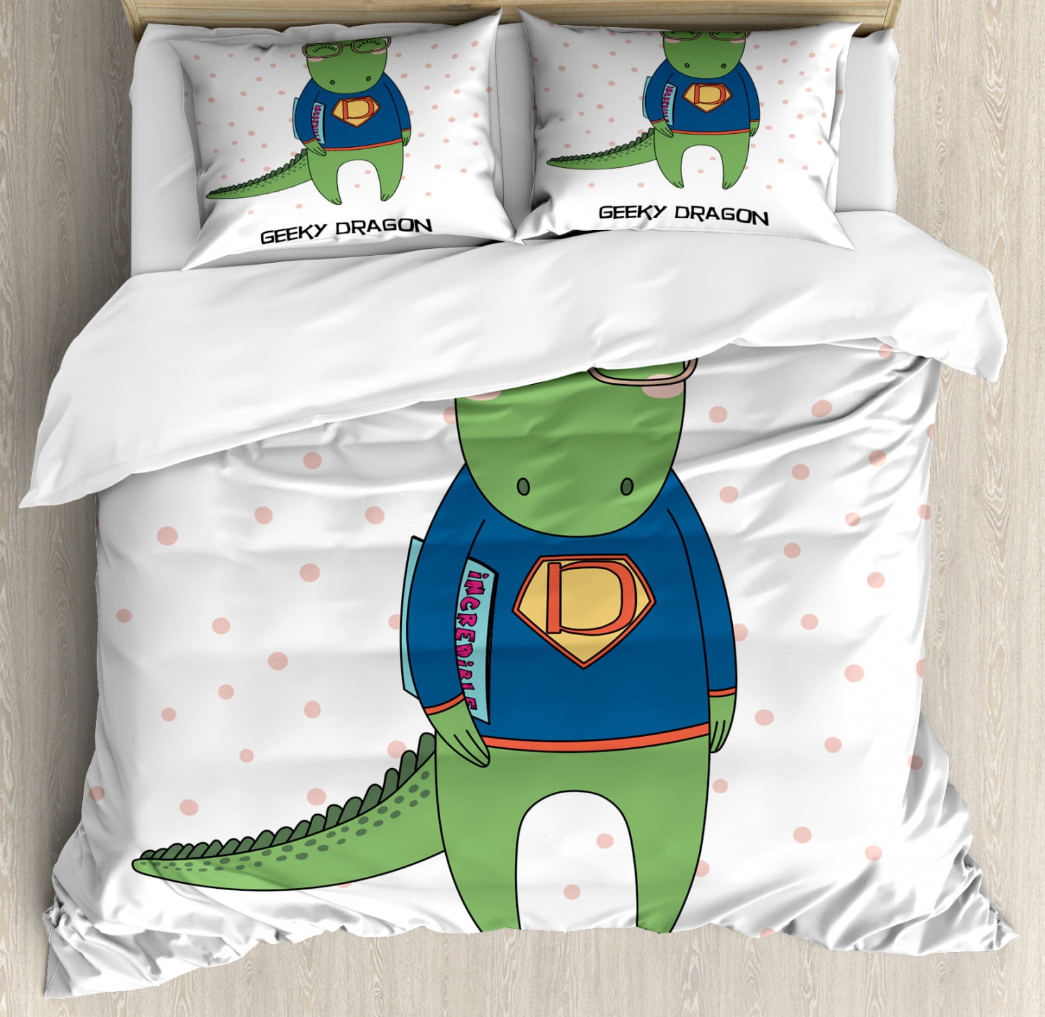 Geek Queen Size Duvet Cover Set, Funny Dragon Character in Glasses and ...