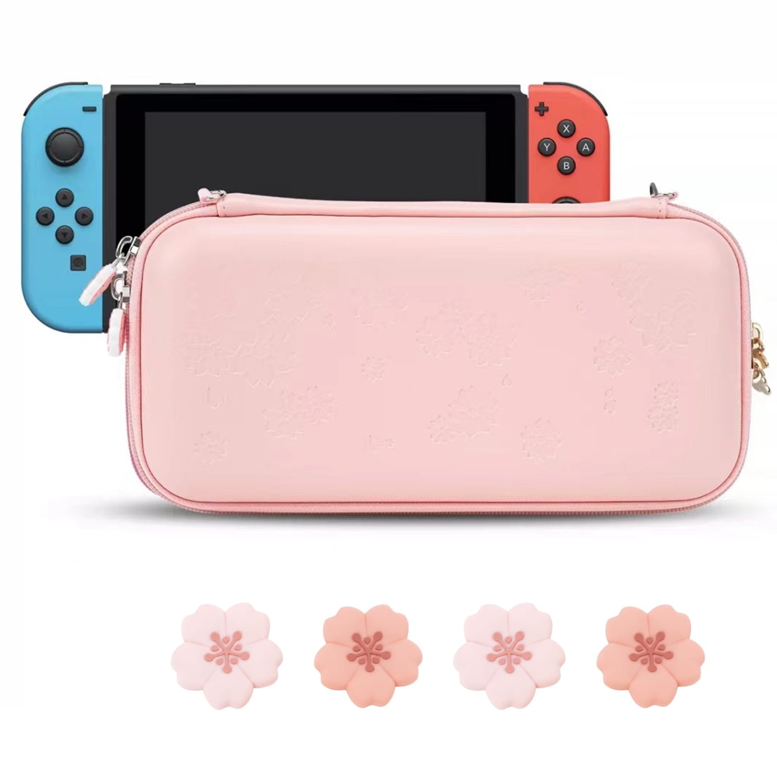GeekShare Sakura Pink Carry Case + Thumb Grips Sets for Nintendo Switch/OLED Hard Shell Travel ...